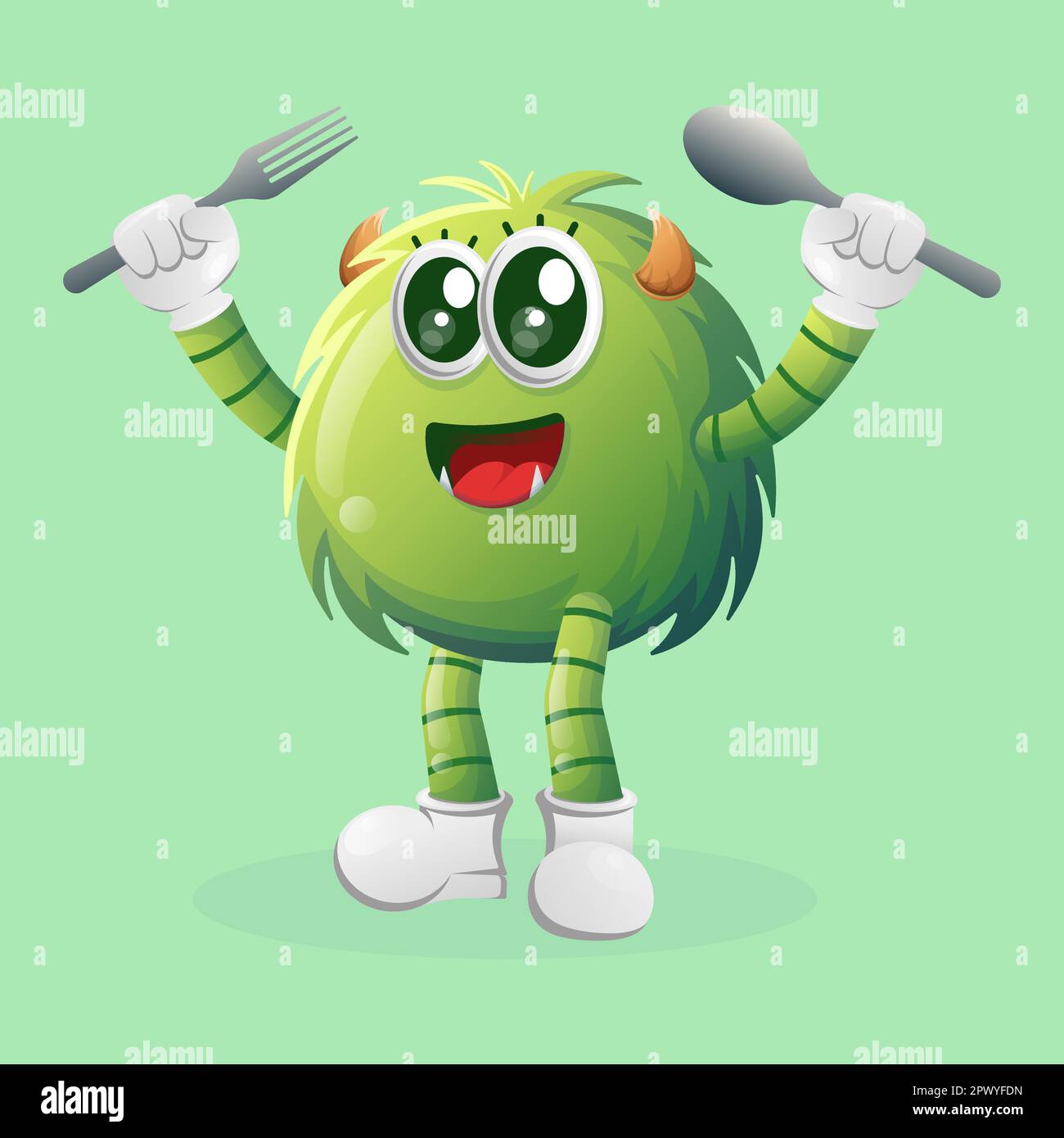 Cute green monster holding spoon and fork. Perfect for kids, small ...