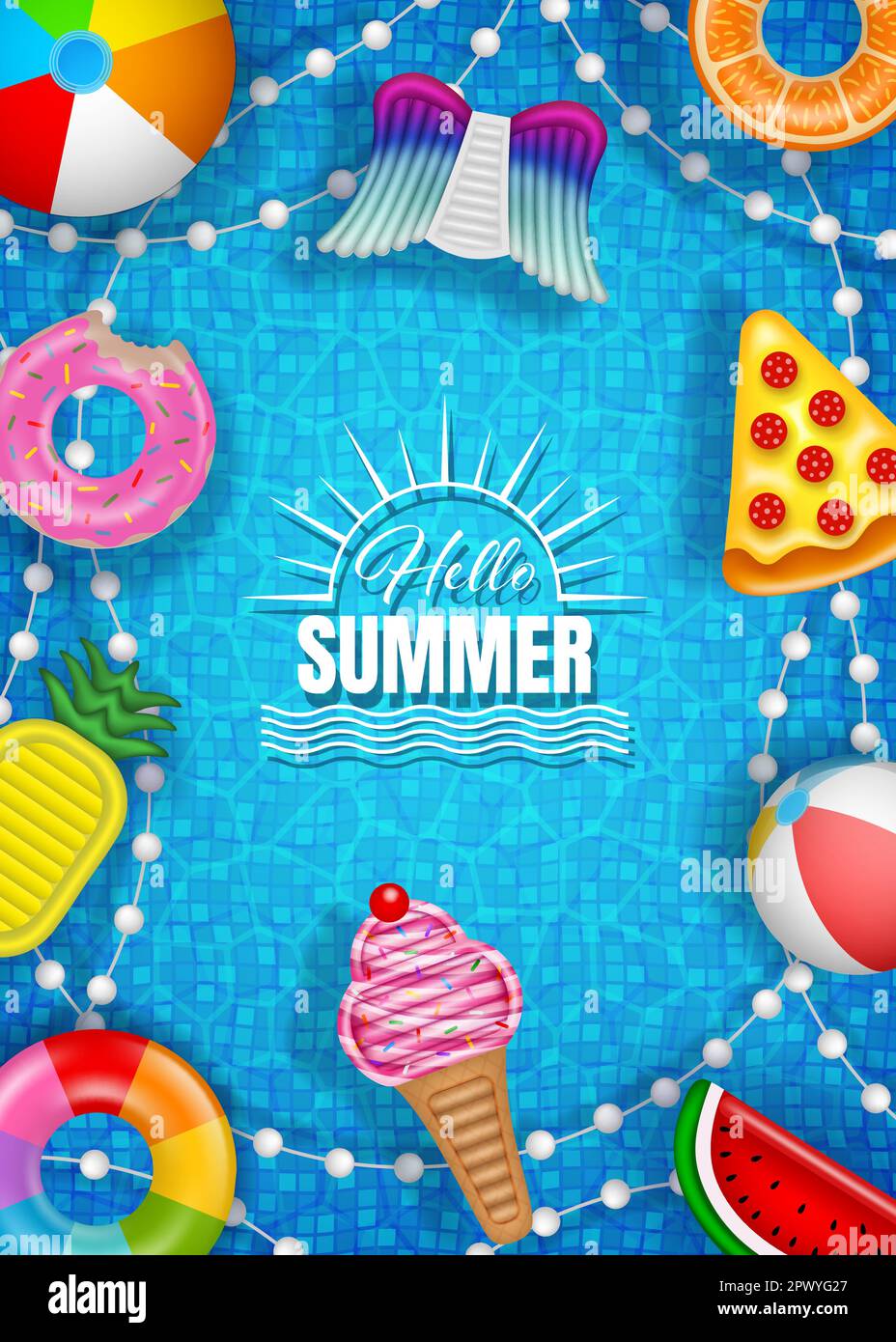 Summer background with colorful inflatables on pool water. Summer ...