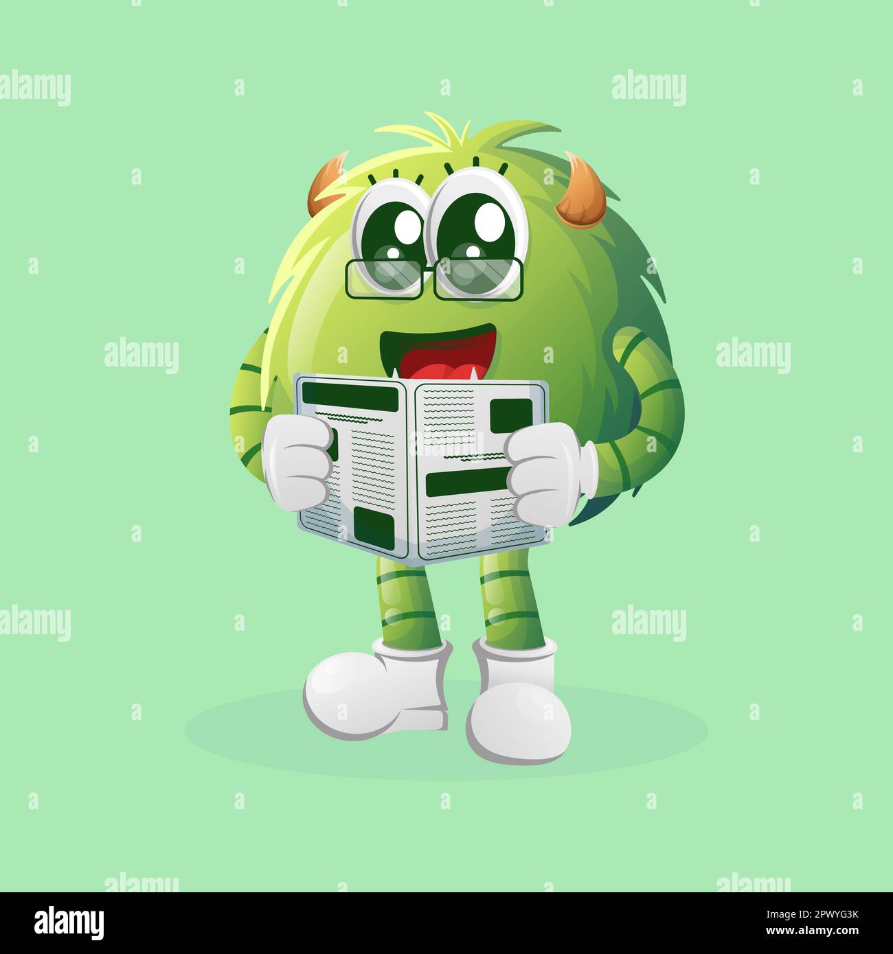 Cute green monster read newspapers. Perfect for kids, small business or ...