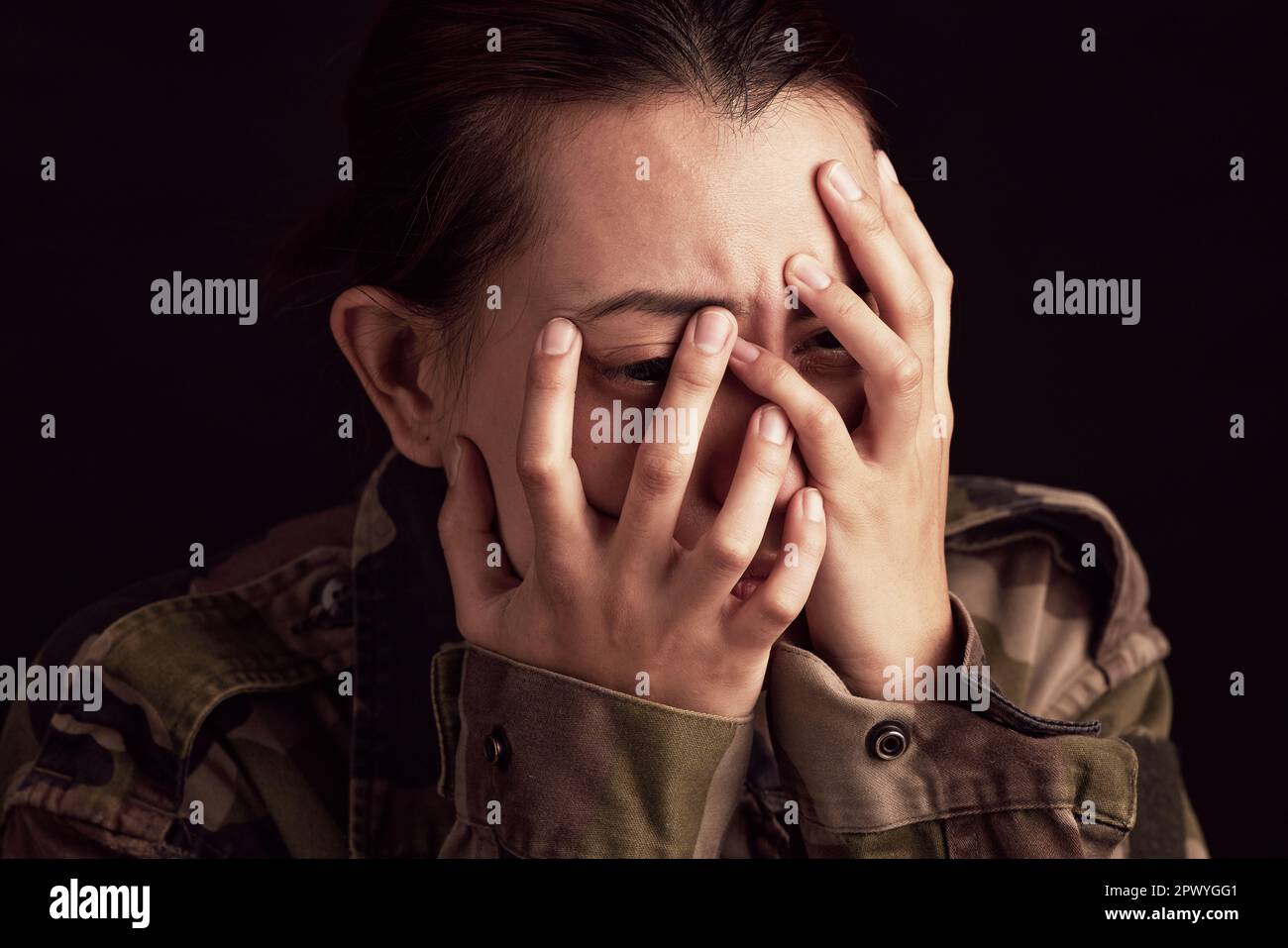 Military woman, mental health and crying in studio for depressed ...