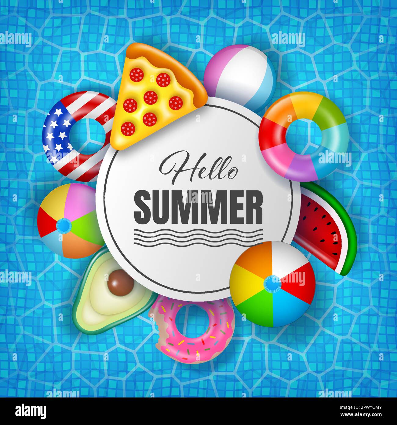 Summer background with colorful inflatables on pool water. Summer ...