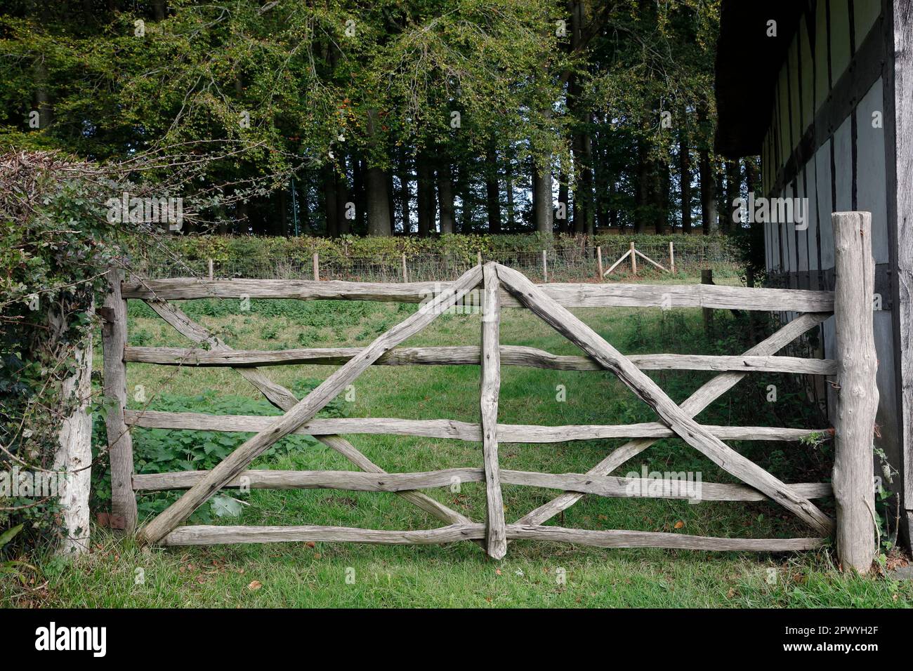 Rustic wooden five barred gate at St Fagans Museum, Cardiff. Taken 2023 ...