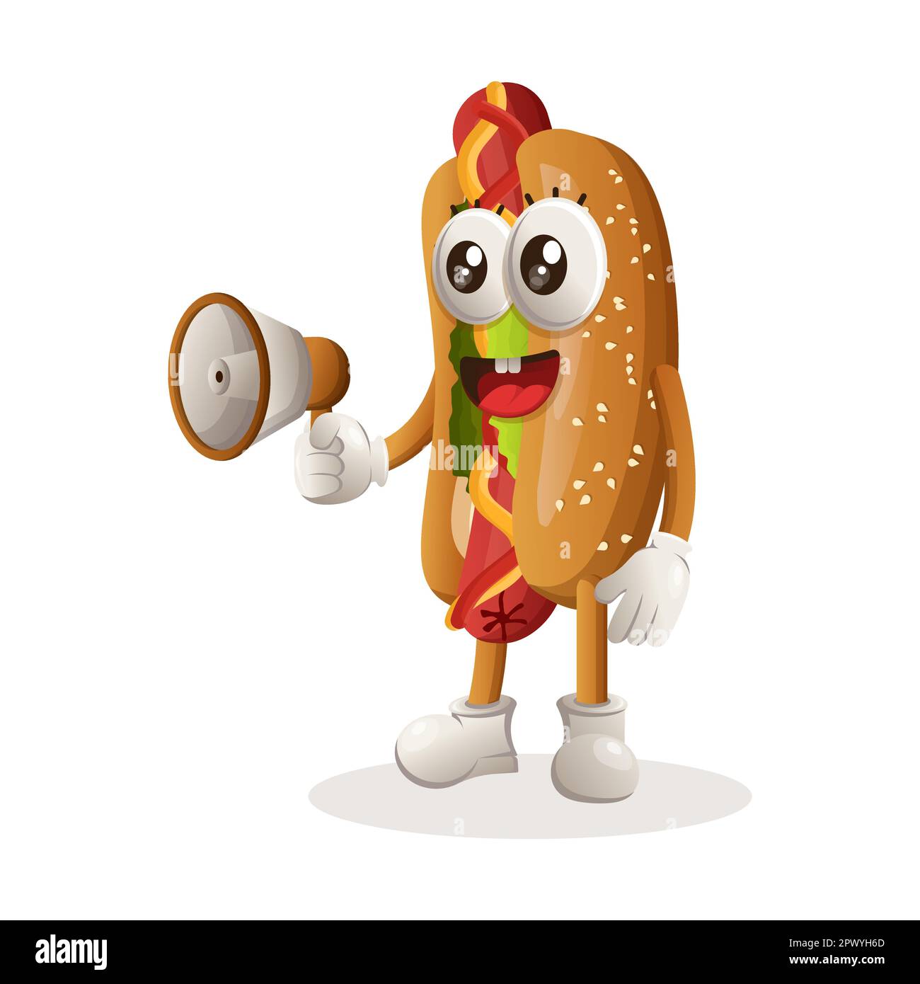 Cute hotdog mascot holding megaphone. Perfect for food store, small ...
