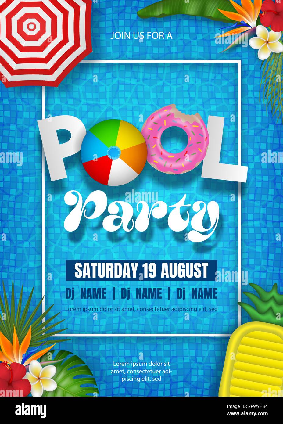 Summer background with colorful inflatables on pool water. Summer ...