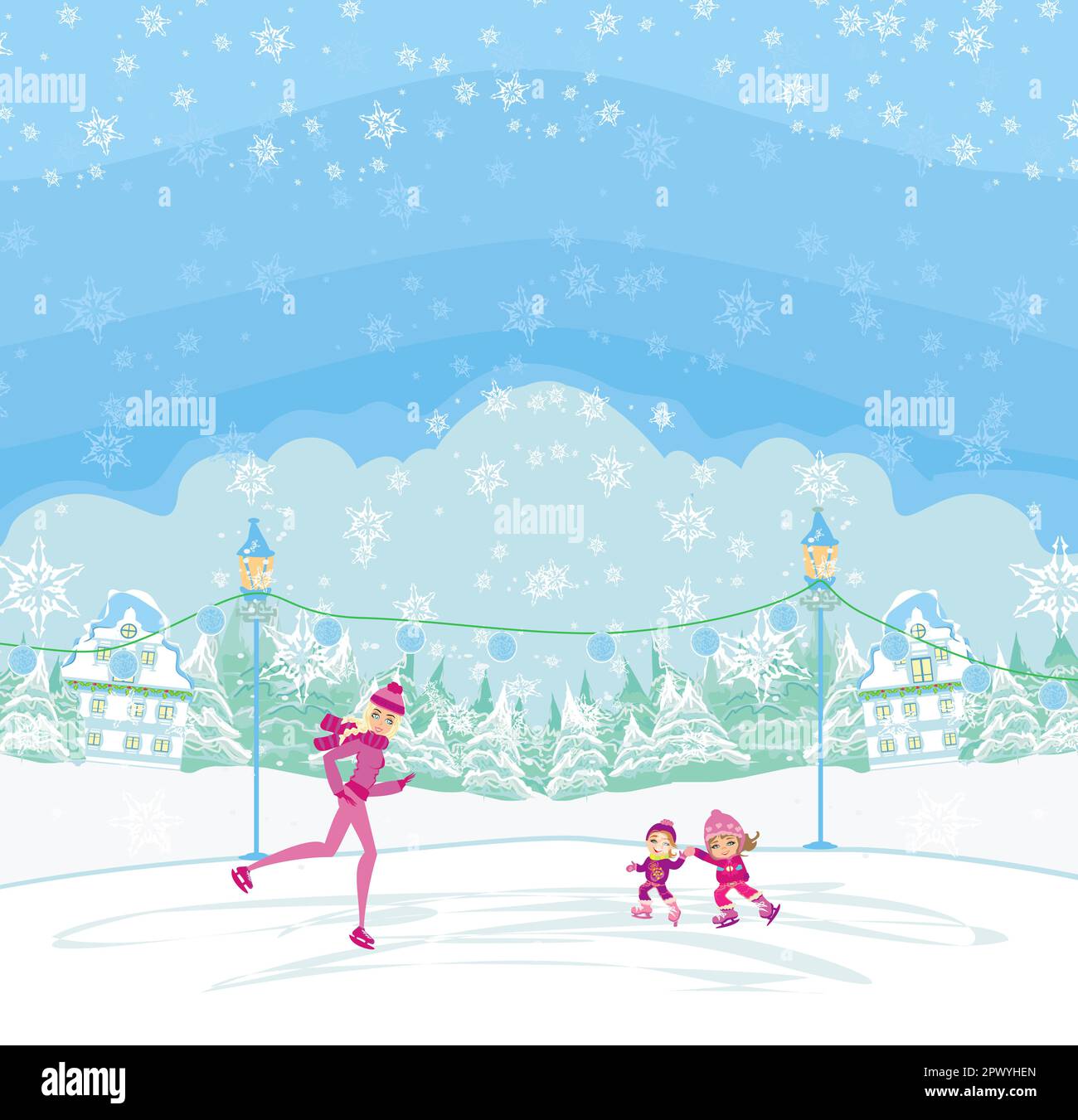 mother and her cute daughters on a skating rink Stock Photo - Alamy