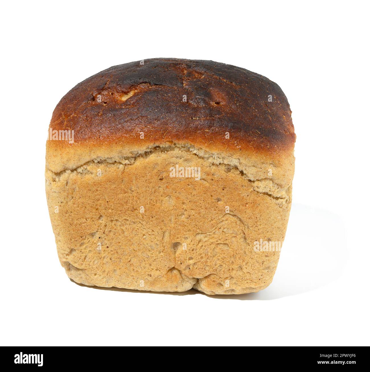 Baked rye flour bread in the shape of a brick on a white isolated ...
