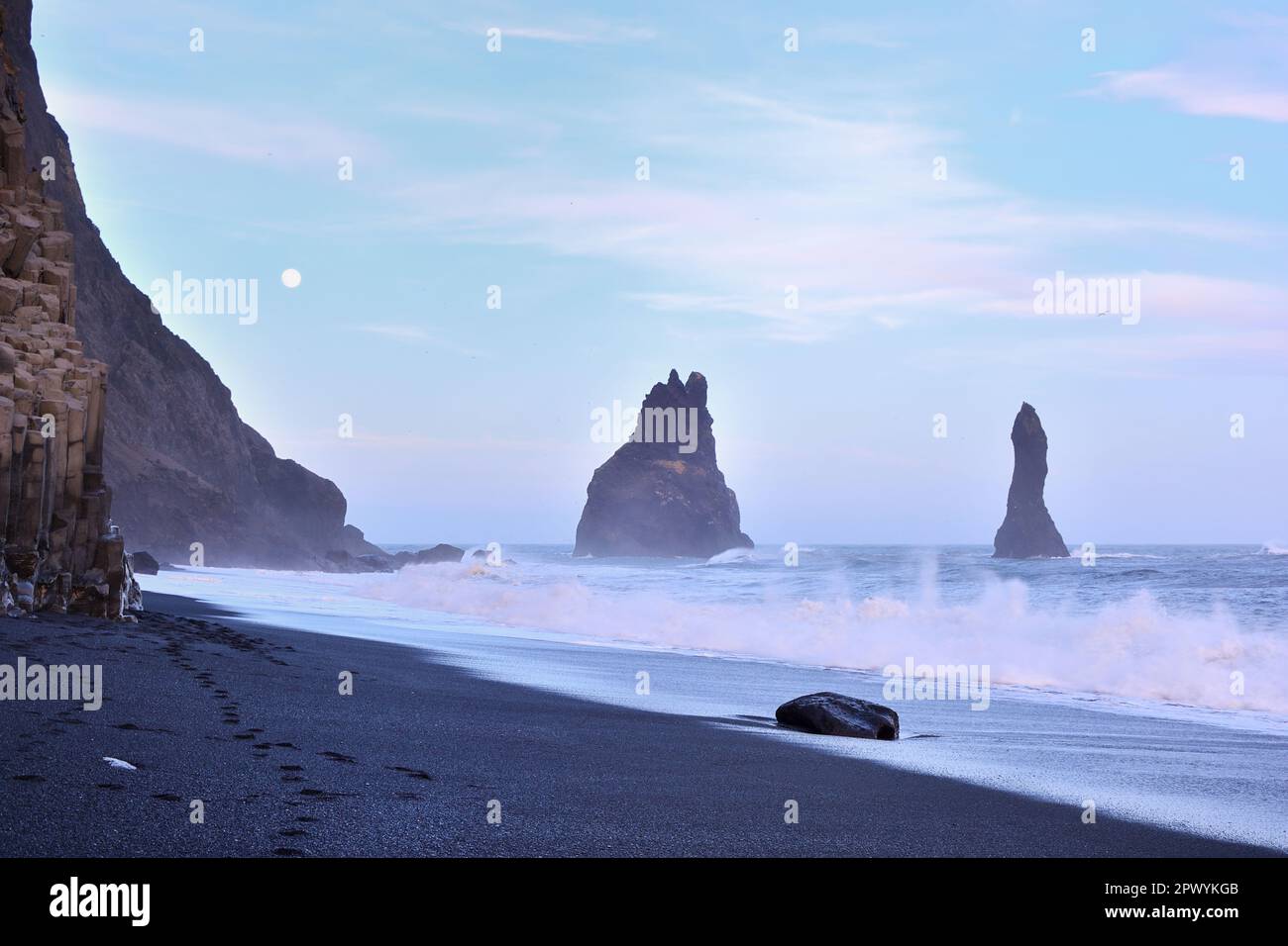 Reynisfjara black sand beach at dusk, Vik, Iceland Stock Photo - Alamy