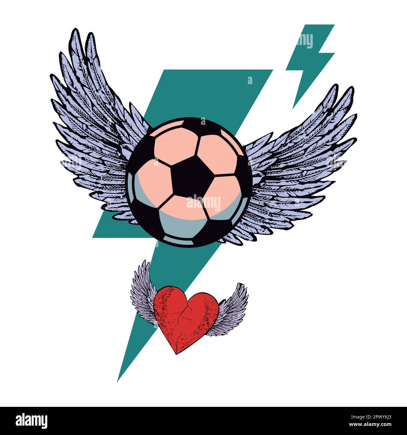 T-shirt design of a soccer ball with wings over the symbol of thunder ...