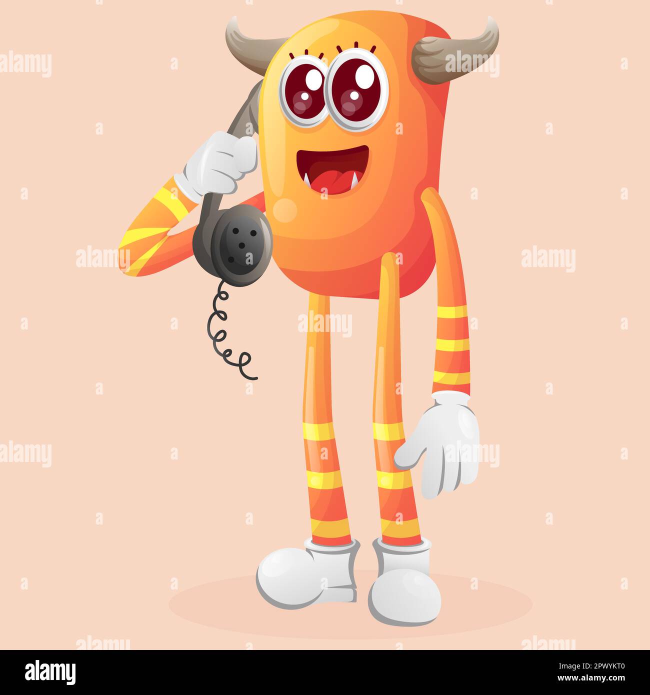 Cute orange monster pick up the phone, answering phone calls. Perfect ...