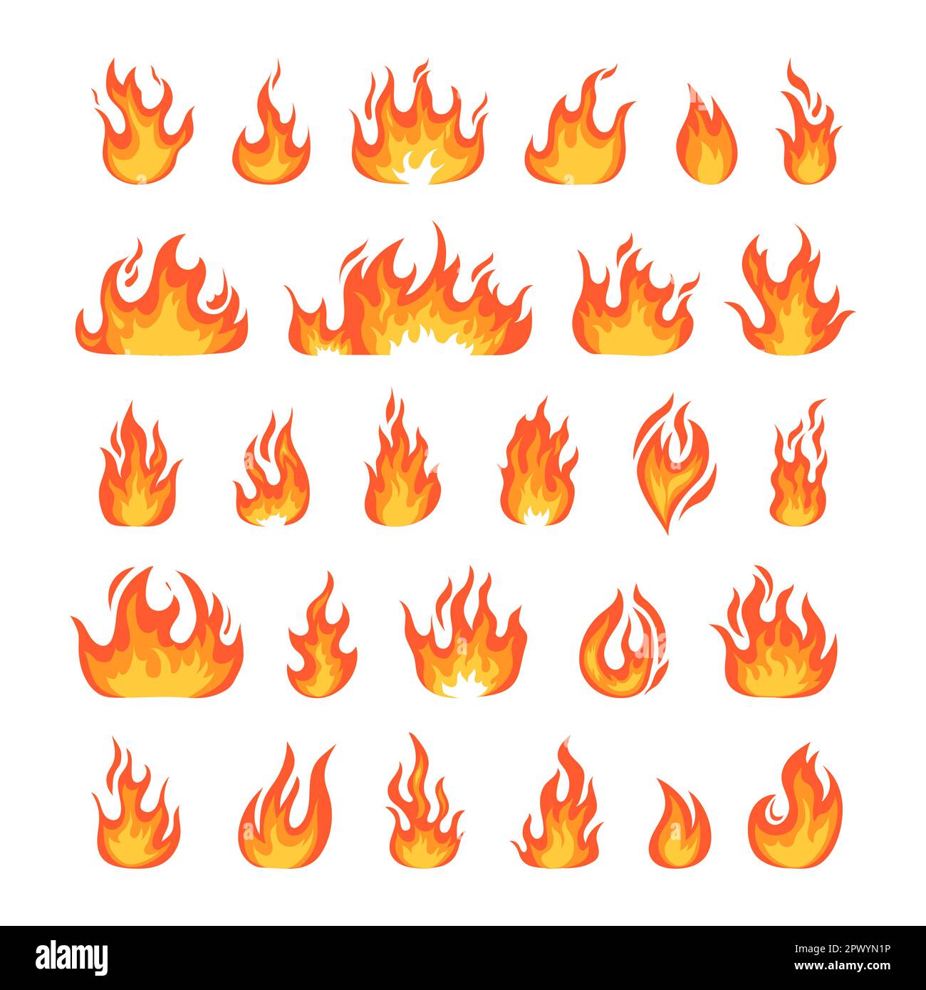 Fire flame. Cartoon hot burning bonfire, red and yellow logo shapes ...