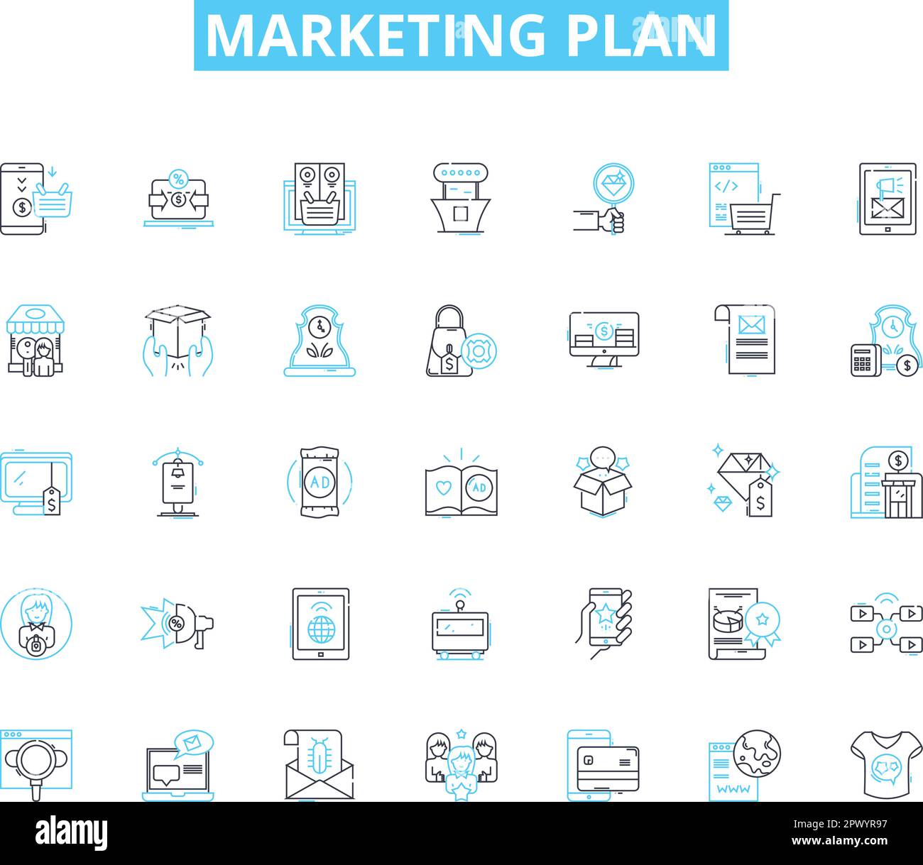 Marketing plan linear icons set. Strategy, Objectives, SWOT ... Marketing plan linear icons set. Strategy, Objectives, SWOT ...