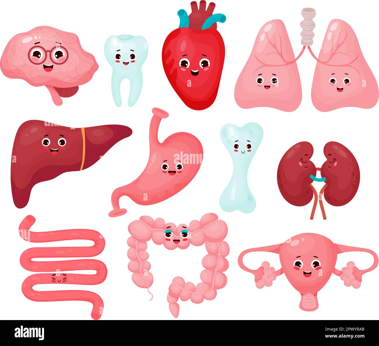 Collection cute human cartoon organs. Funny characters organs isolated on white background ...