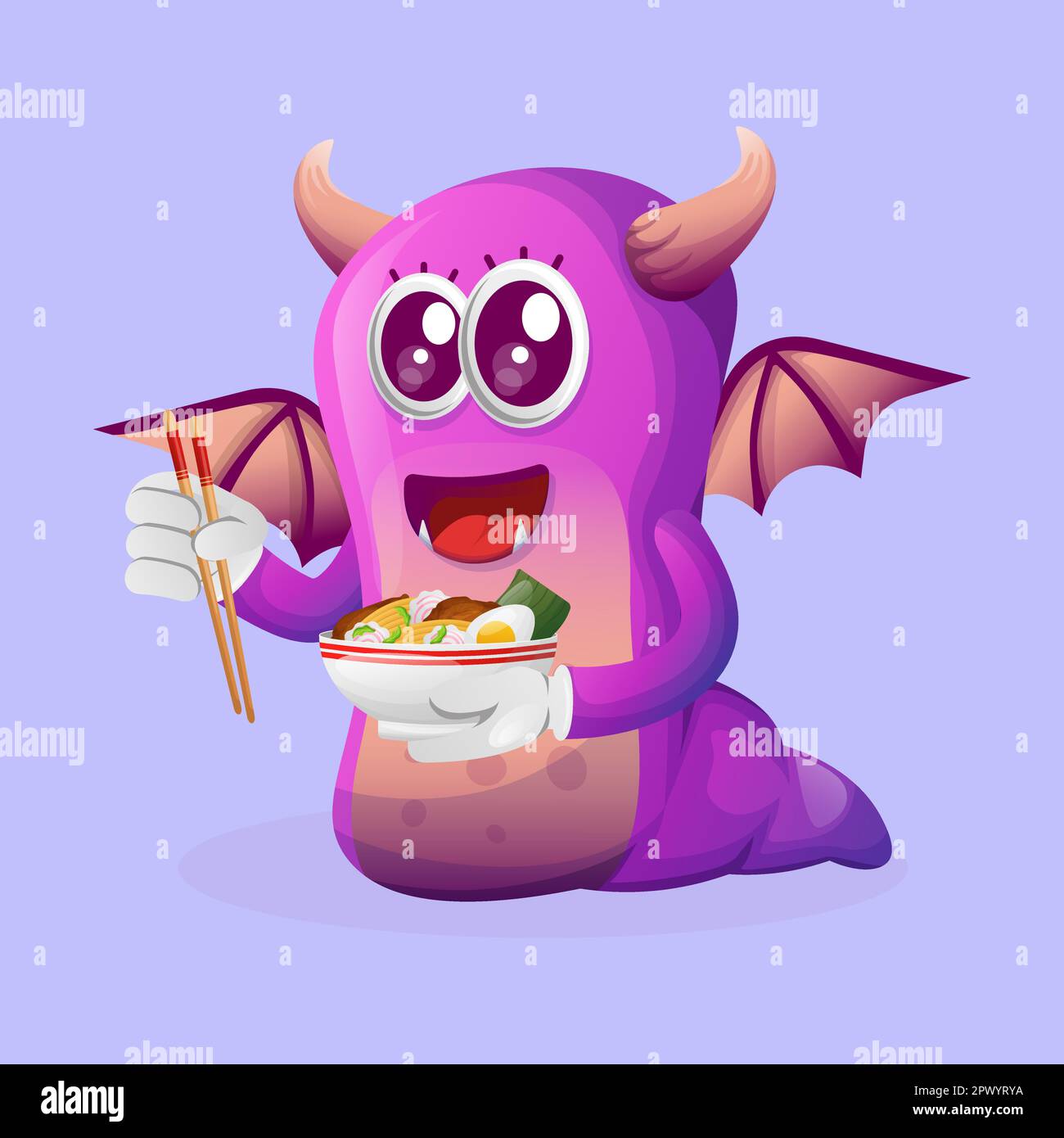 Cute purple monster eat ramen. Perfect for kids, small business or e ...