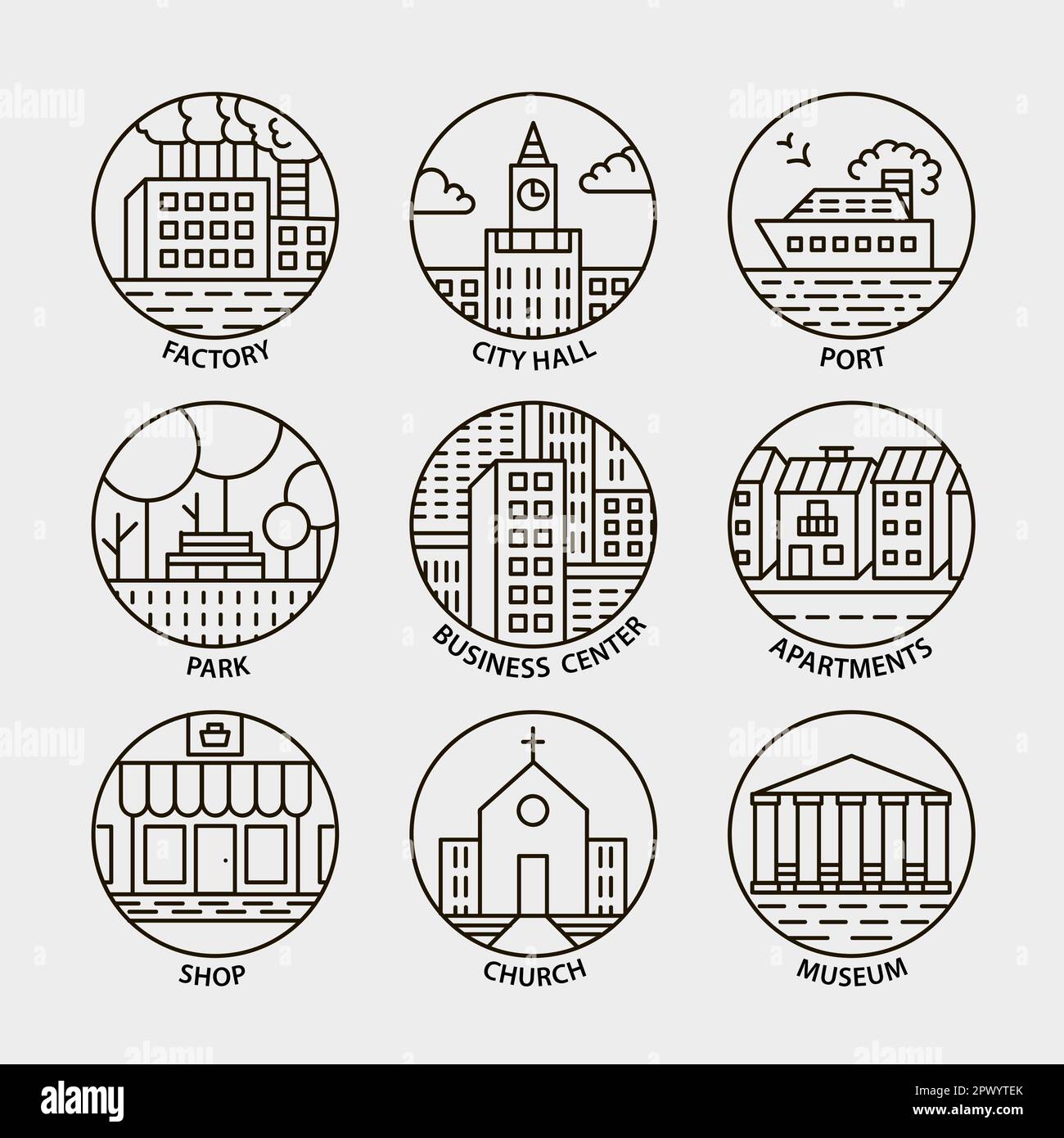 Vector set of line city circle icons Stock Vector Image & Art - Alamy