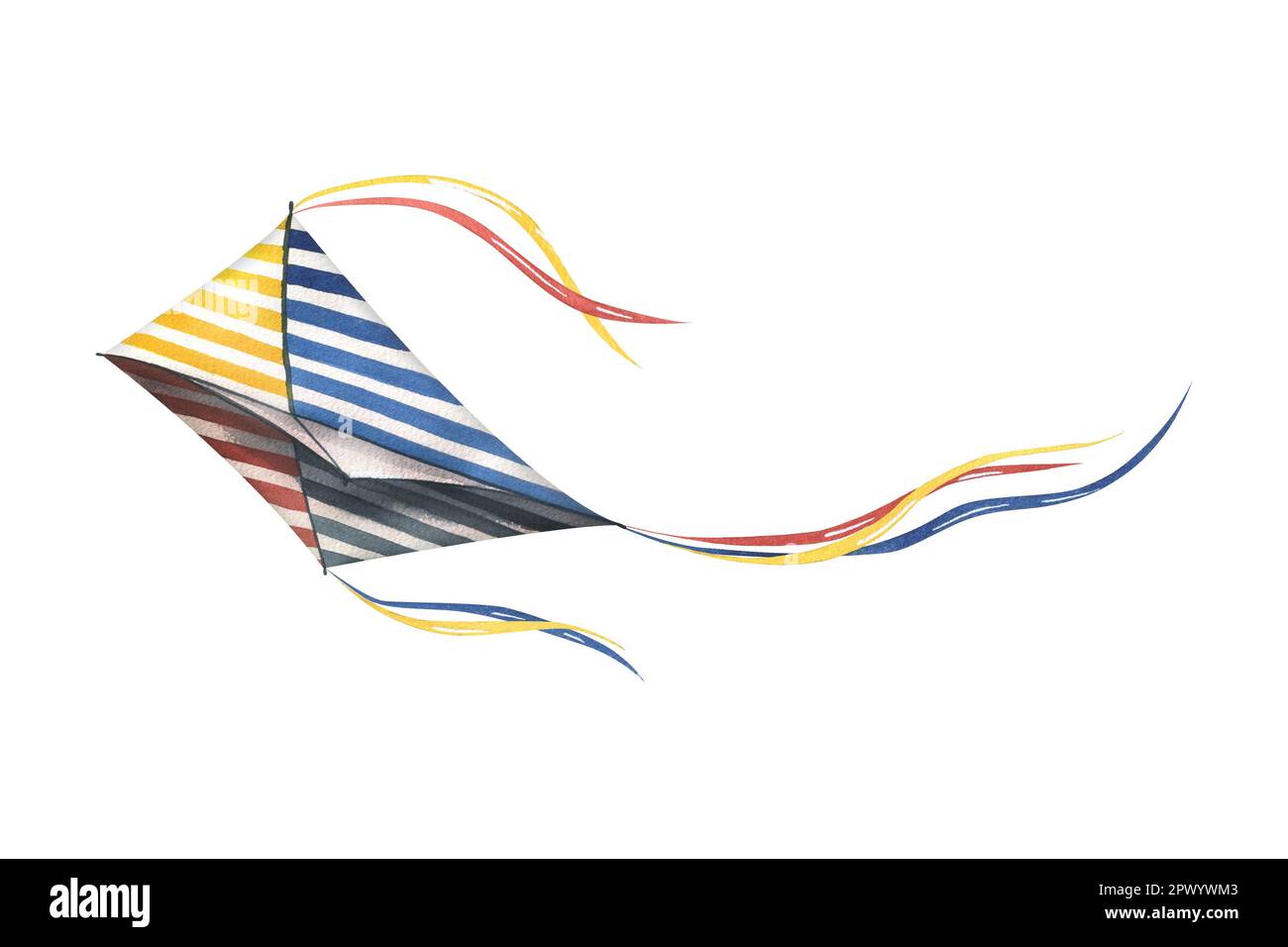 Flying kite striped with ribbons. Watercolor illustration, hand drawn ...