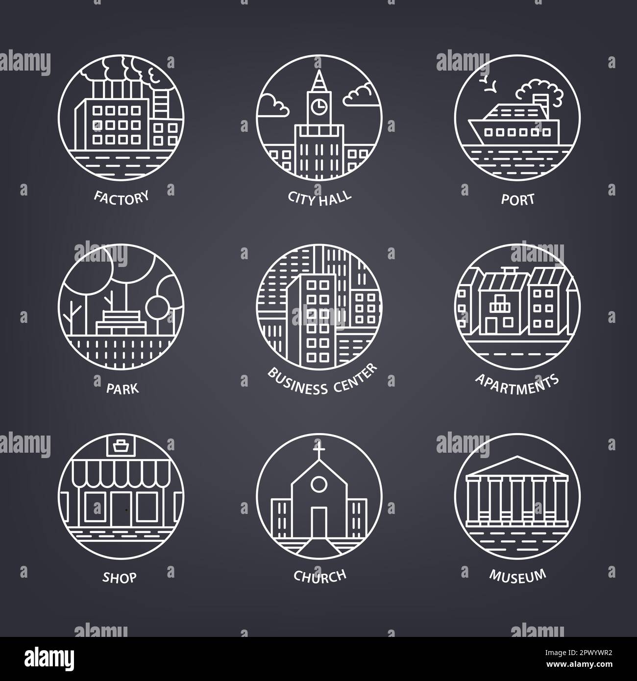 Urban landscape design elements set in linear style, include line ...