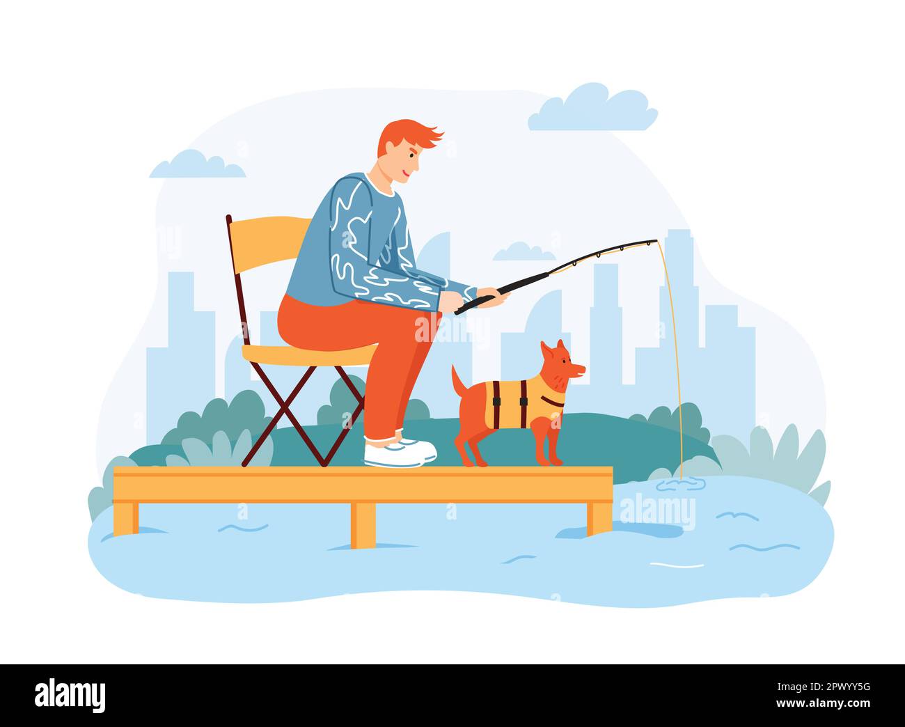 Man fishing. Guy sitting on chair with fishing rod waiting for fish ...