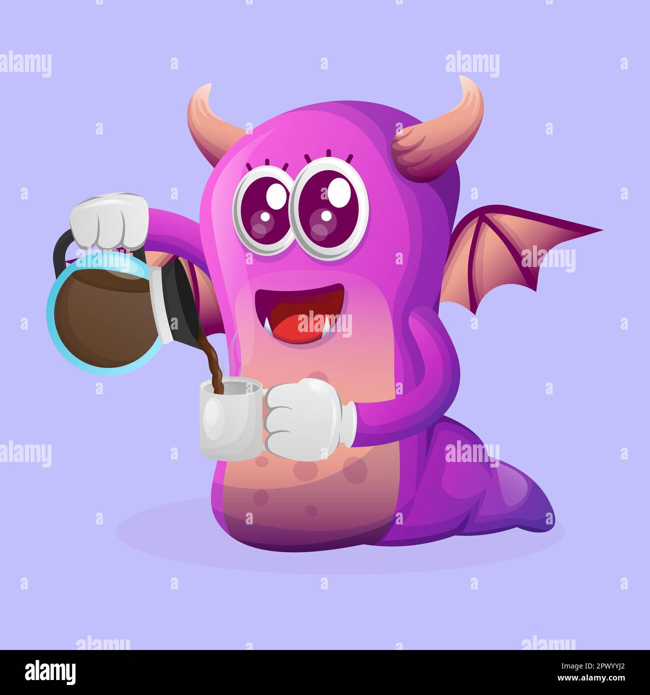 Cute purple monster drinking coffee, coffee time. Perfect for kids ...