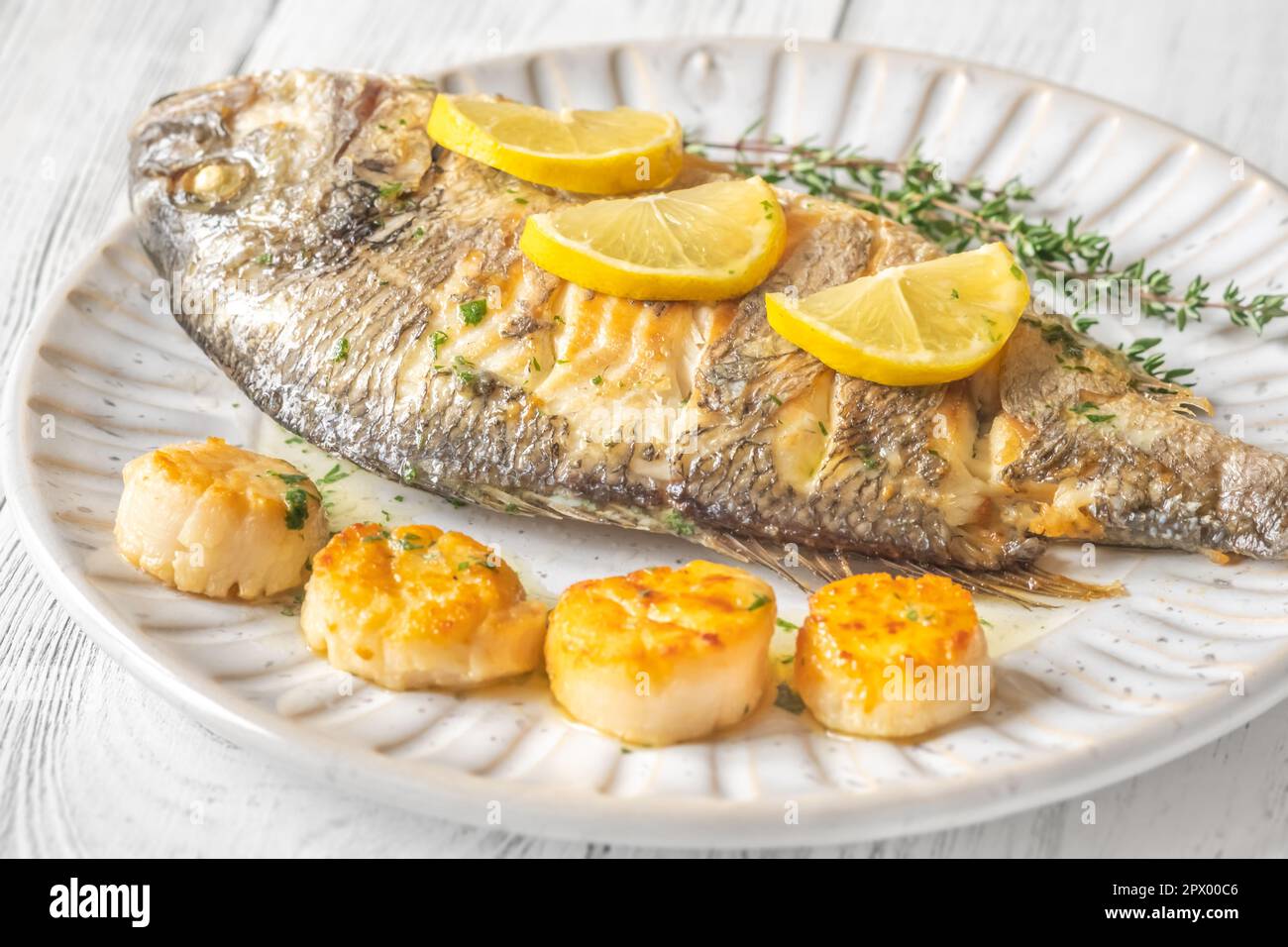 Mediterranean Baked Sea Bream Dorada fish with scallops and thyme Stock ...