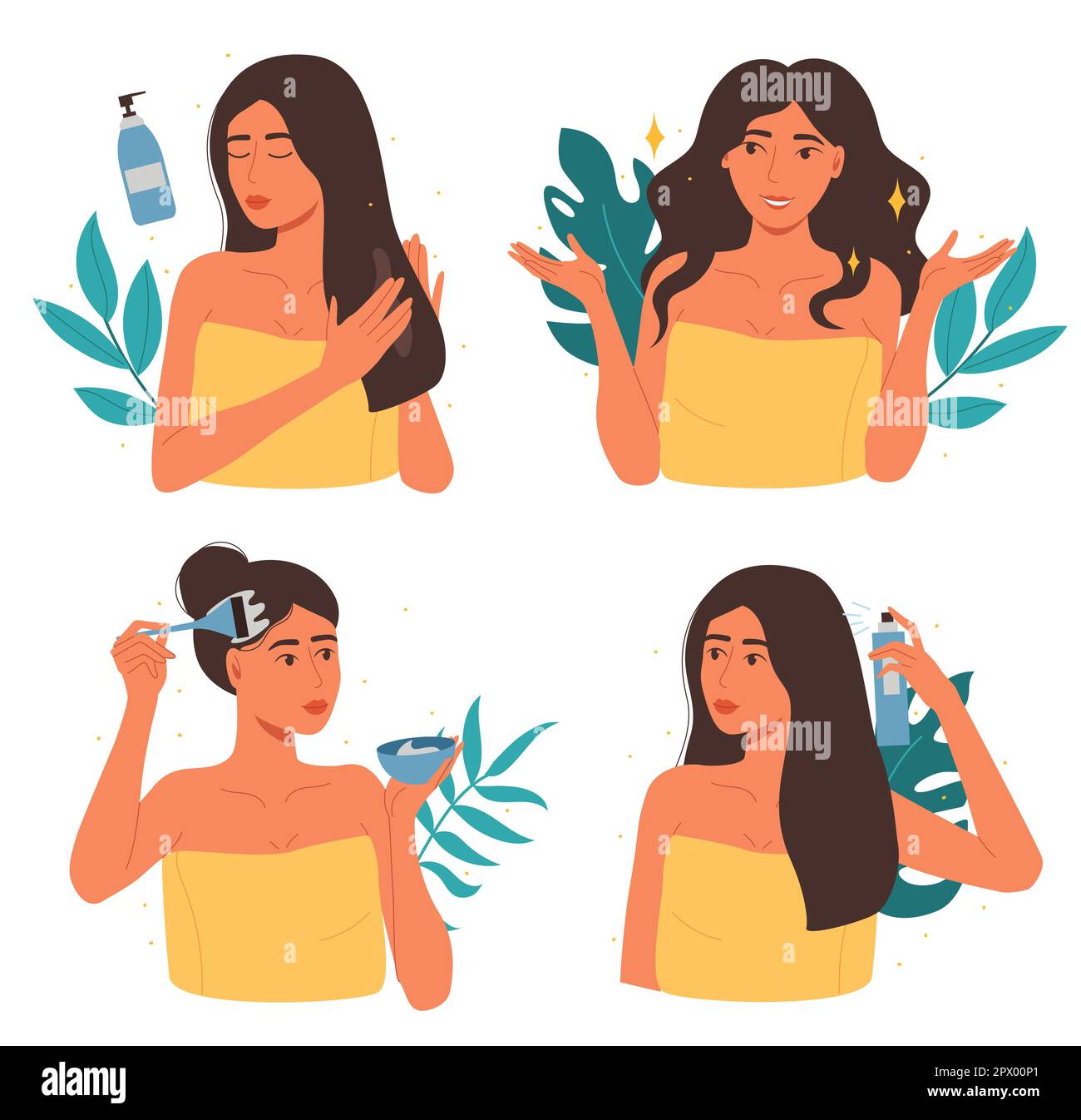 Woman beauty care hair set. Cartoon young girl applying treatment ...