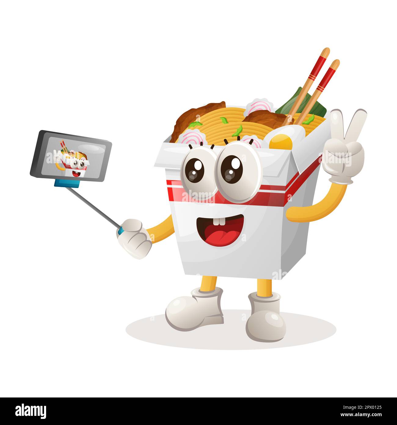 Cute ramen mascot takes a selfie with smartphone. Perfect for food ...