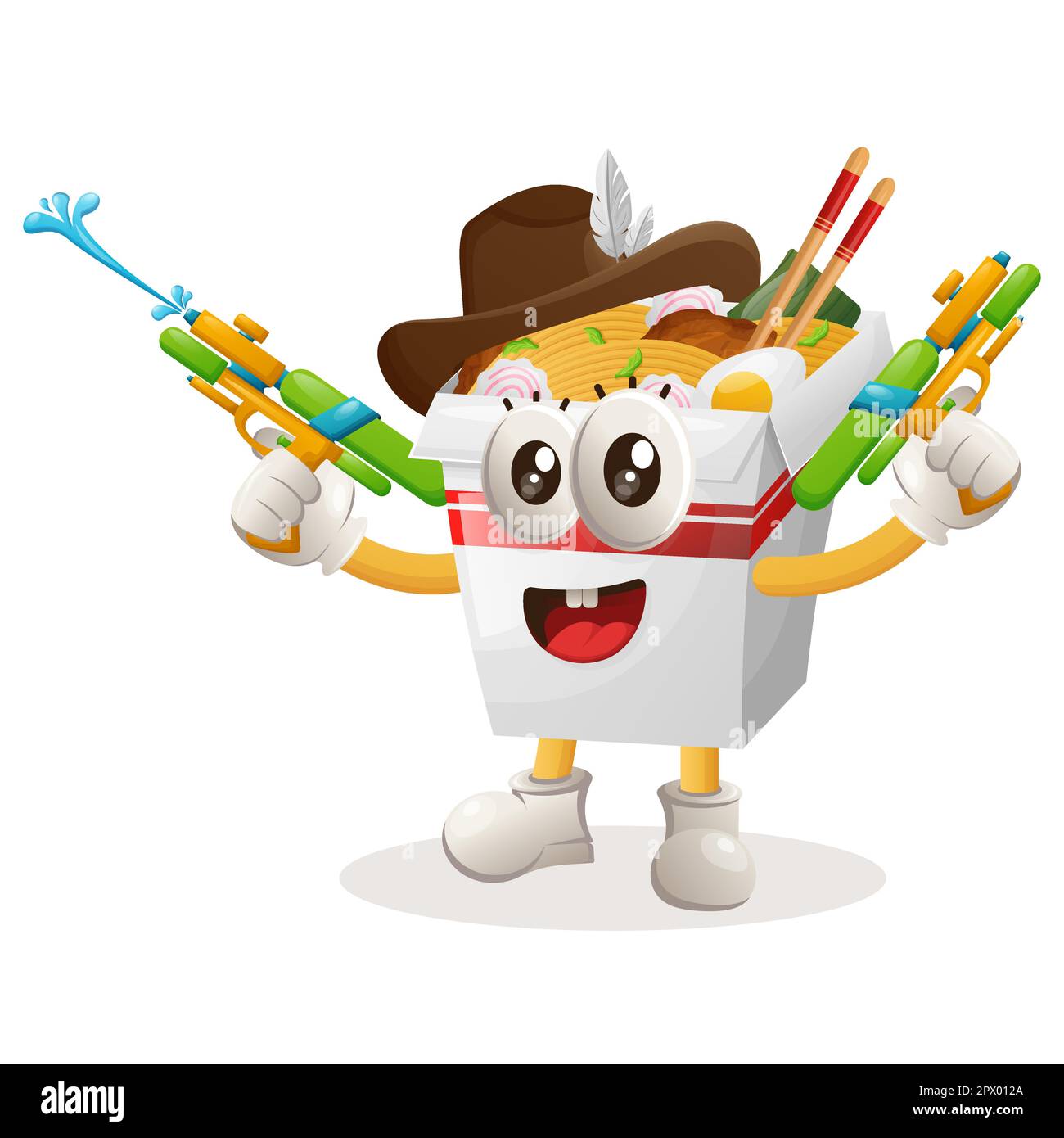 Cute ramen mascot playing with water gun toy. Perfect for food store ...