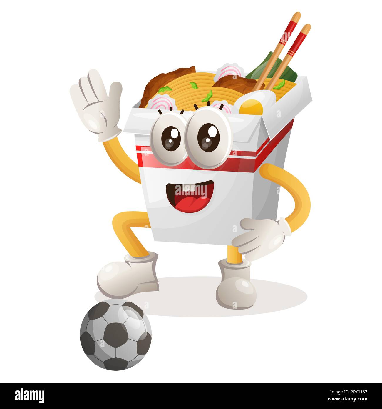 Cute ramen mascot play football, soccer ball. Perfect for food store ...