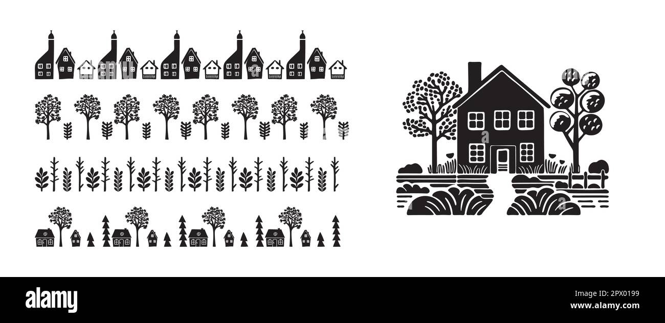 Quirky house with group of forest borders in vector motif organic style ...