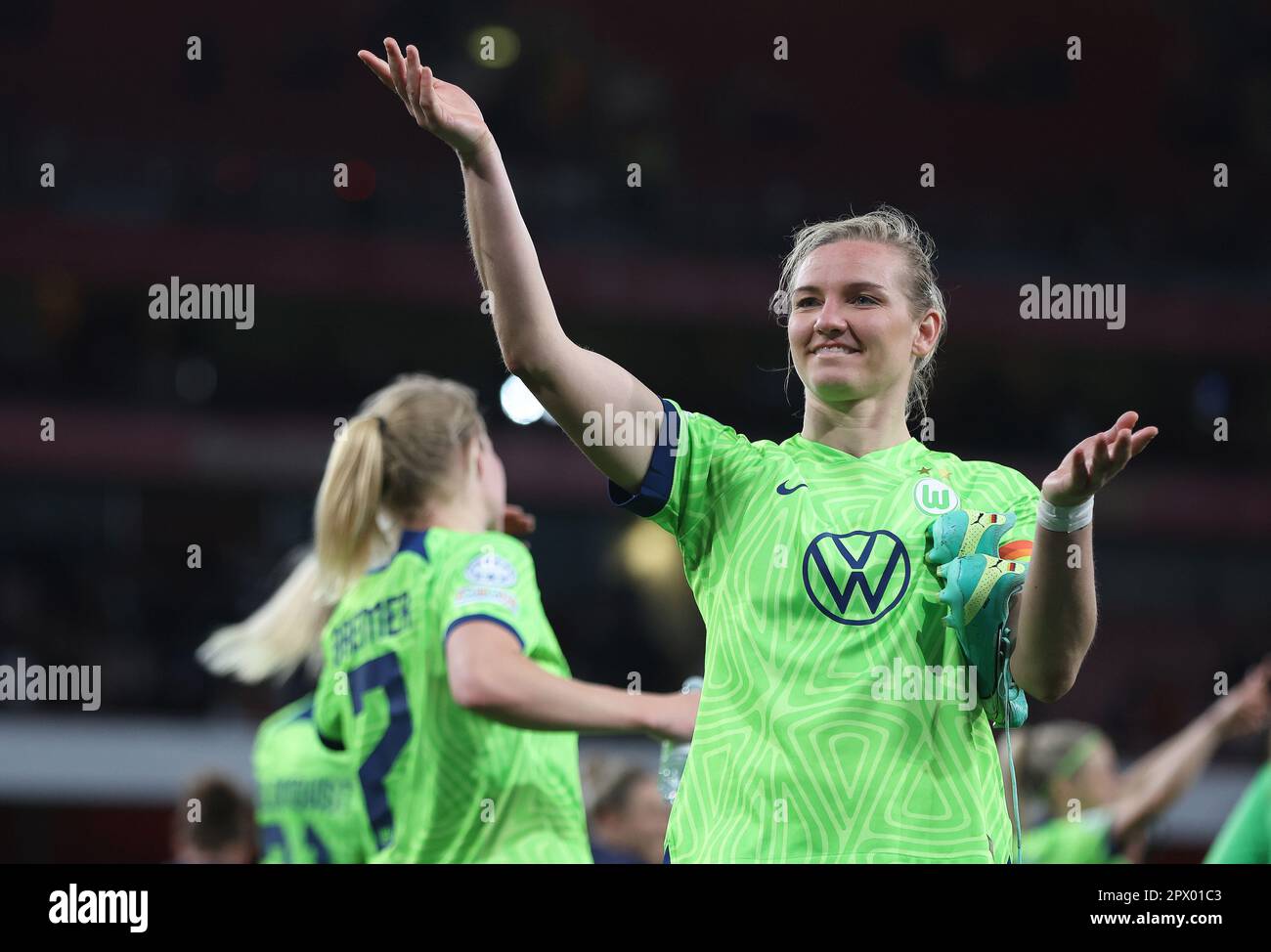 London, UK. 1st May, 2023. Alexandra Popp of VfL Wolfsburg celebrates ...