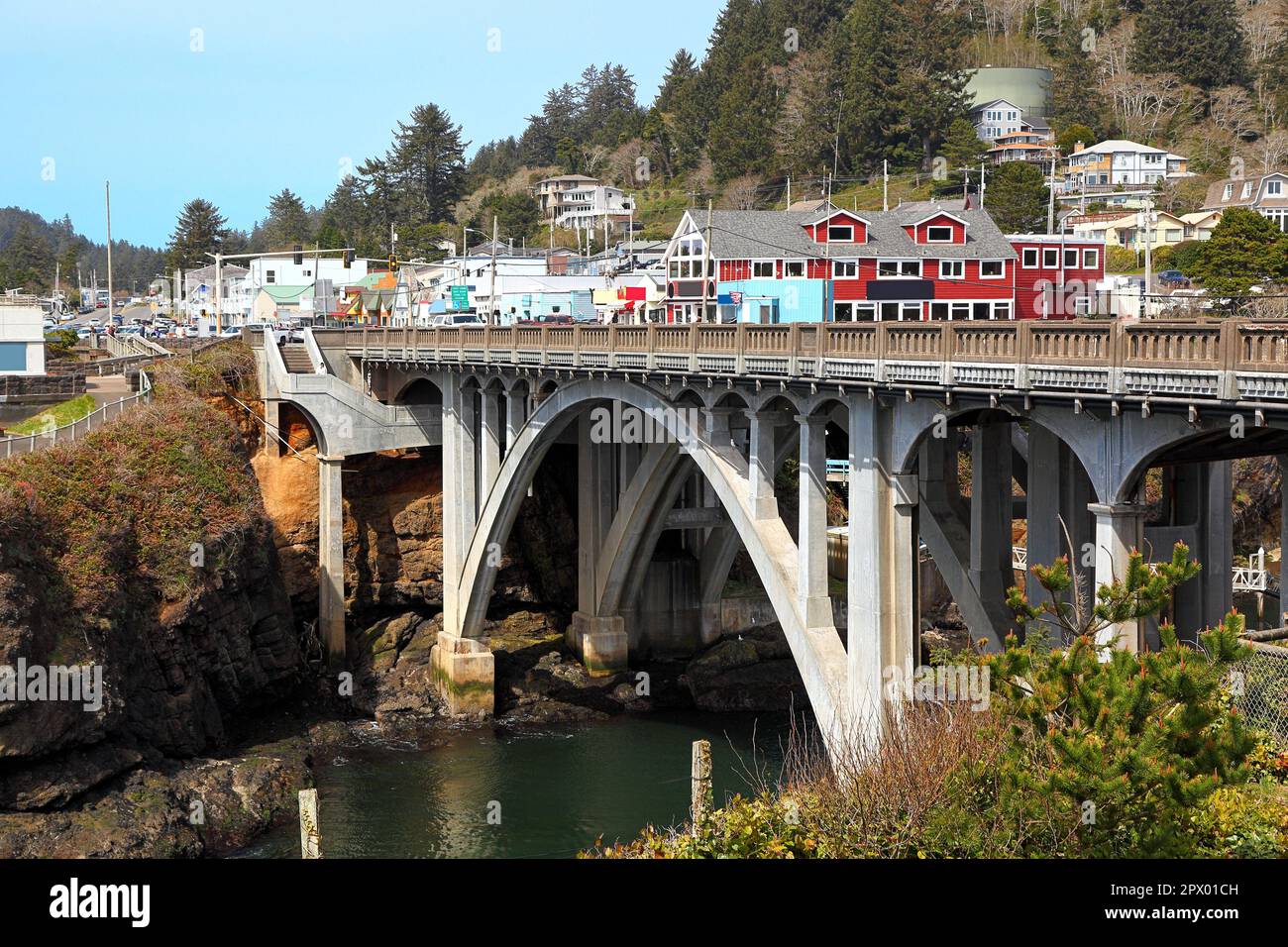 Along the Oregon Coast: The town of Depoe Bay with the bridge over the ...