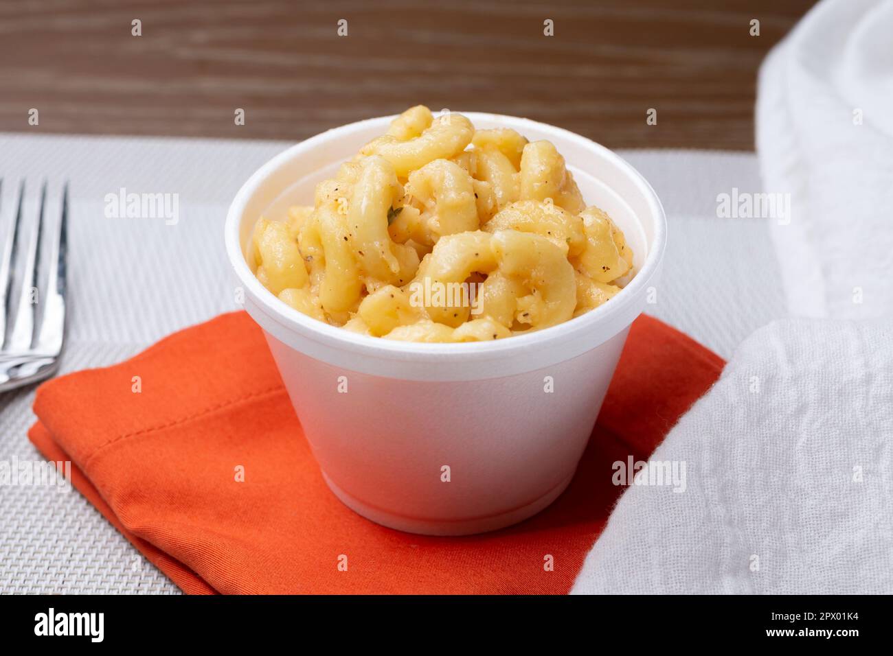 A closeup view of a styrofoam cup of macaroni and cheese Stock Photo ...