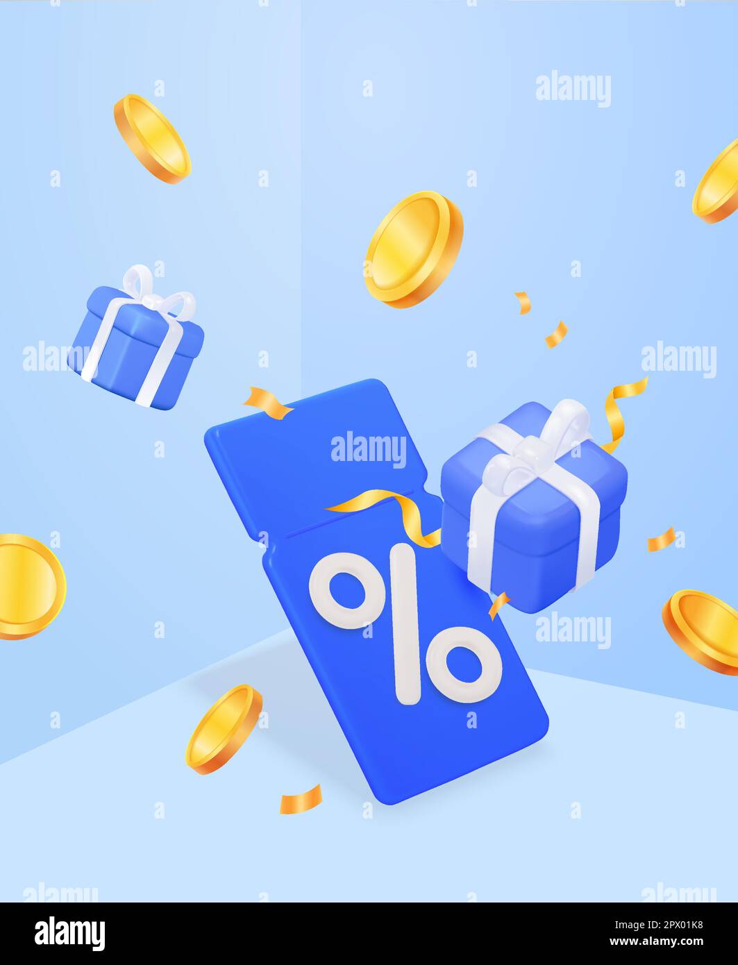 Voucher, coupon with gift box and falling coins on confetti background ...