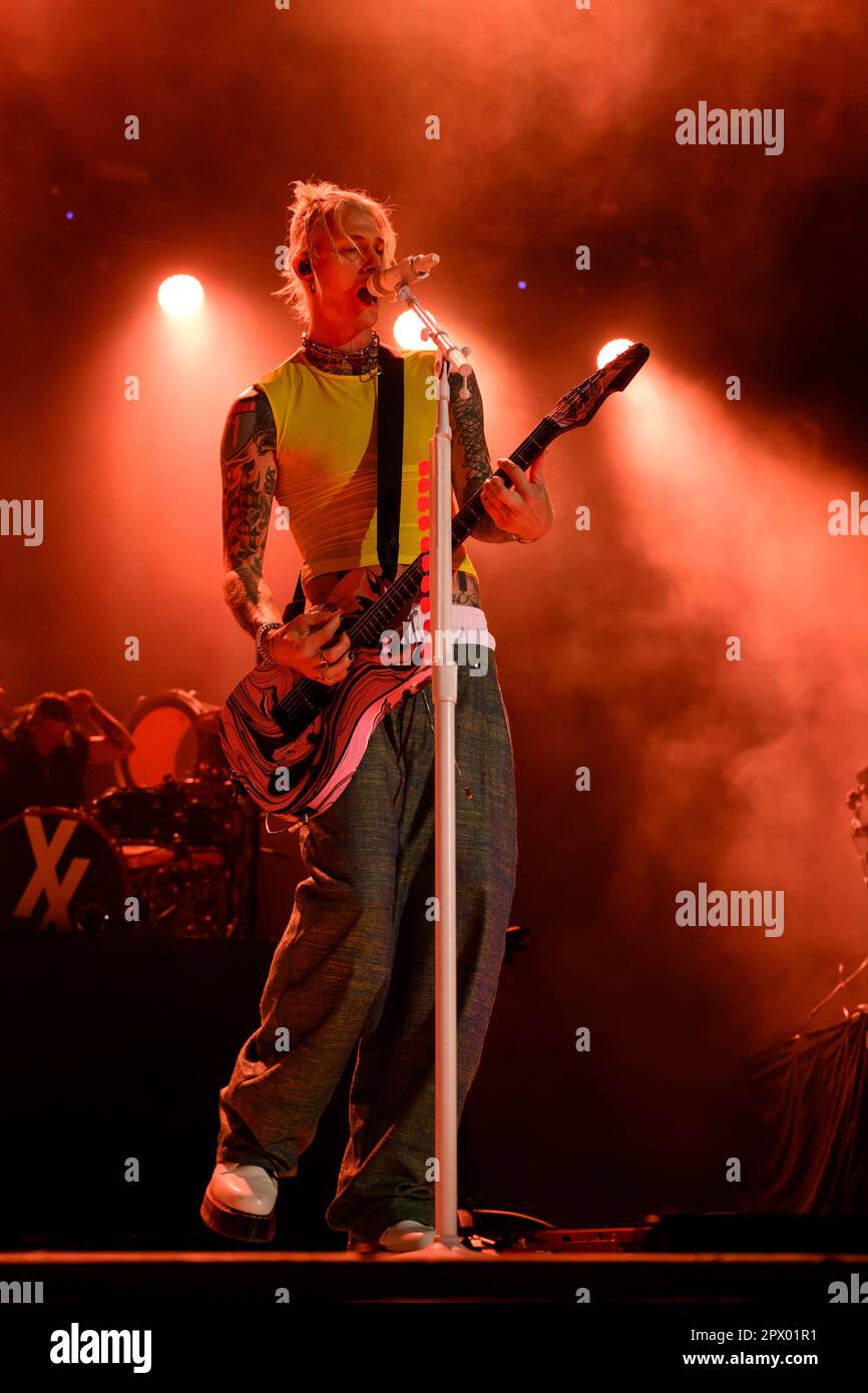 Rapper Machine Gun Kelly performs at the Kelce Jam music festival ...