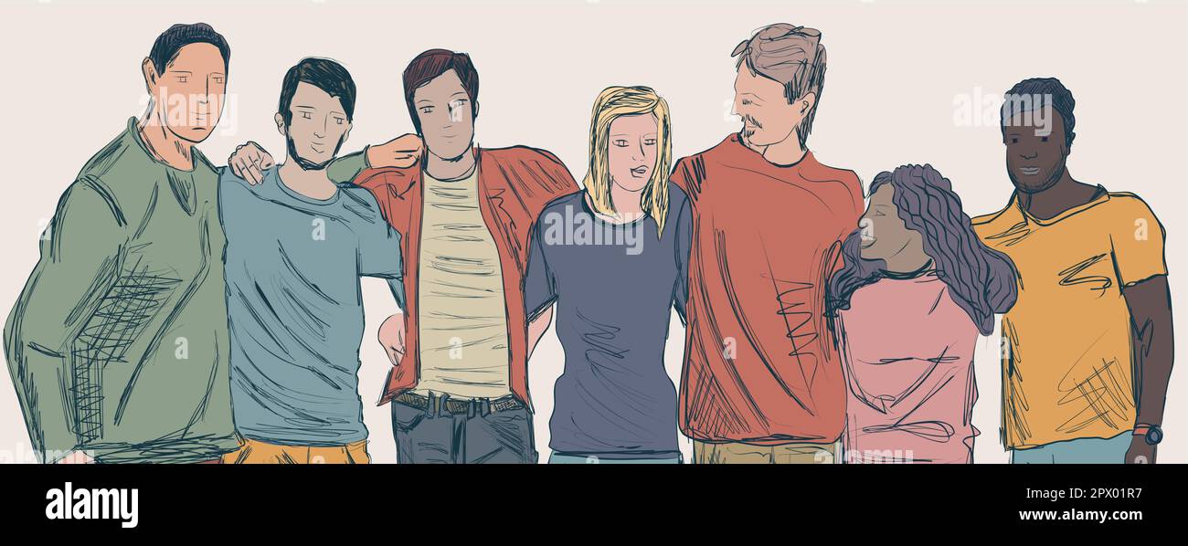 Front view group volunteer people from diverse culture hugging each ...