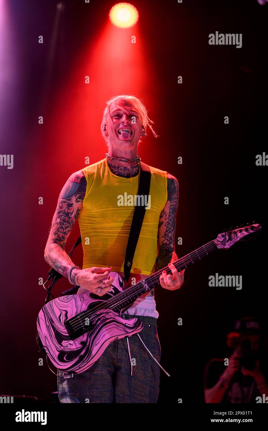 Rapper Machine Gun Kelly performs at the Kelce Jam music festival ...