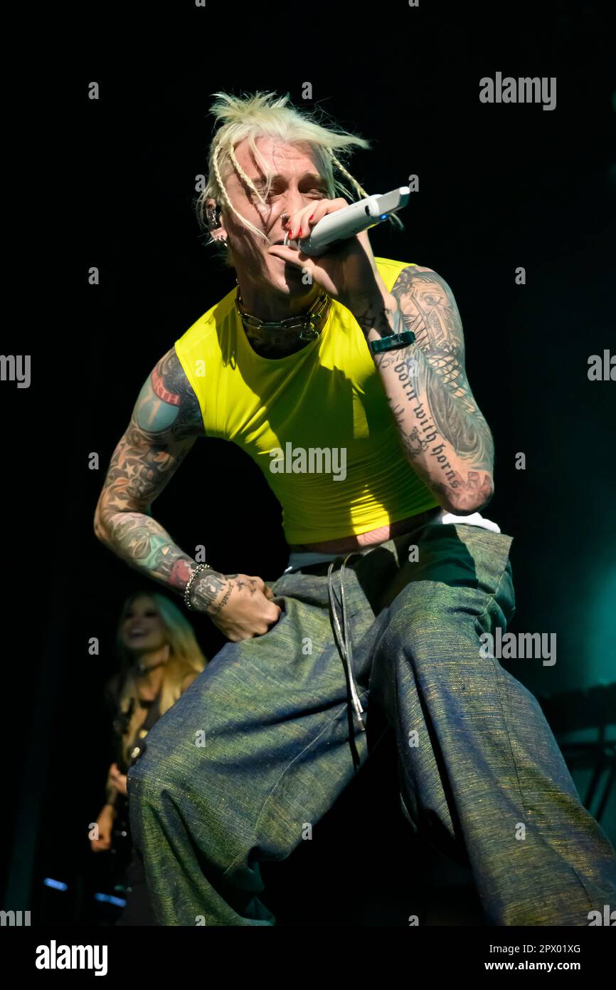 Rapper Machine Gun Kelly performs at the Kelce Jam music festival ...