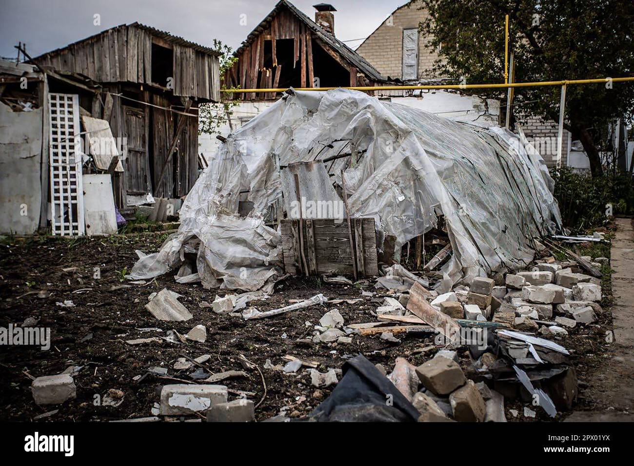 Pavlograd, Ukraine. 01st May, 2023. A damaged home destroyed by Russian ...