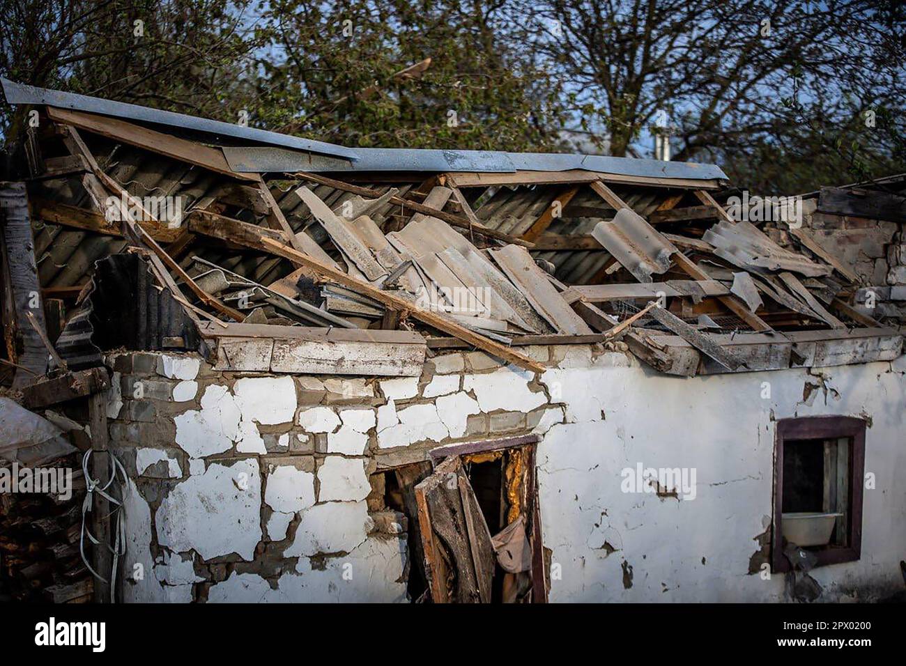 Pavlograd, Ukraine. 01st May, 2023. A damaged home destroyed by Russian ...