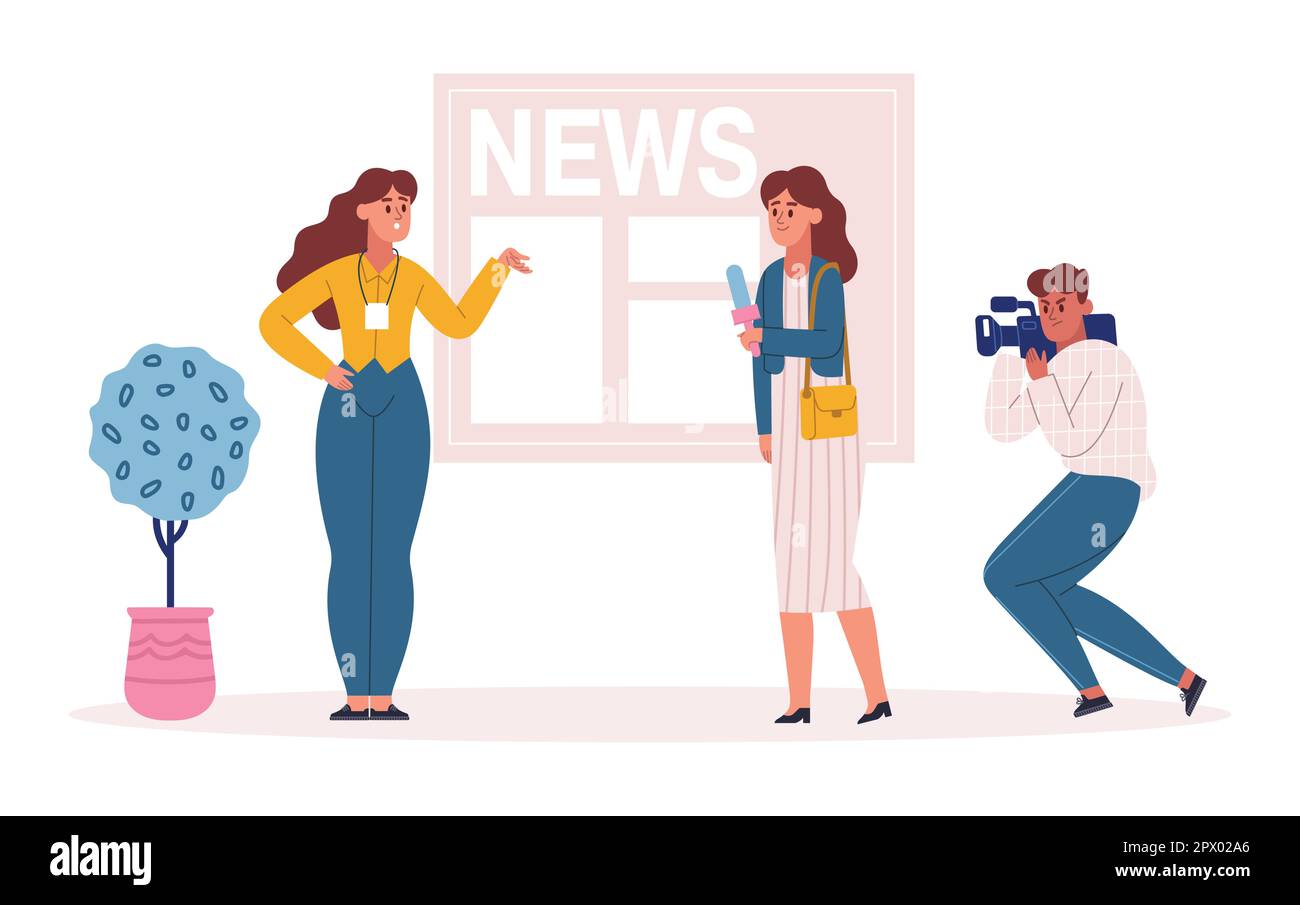 Journalist and operator recording news, interviewing celebrity person ...