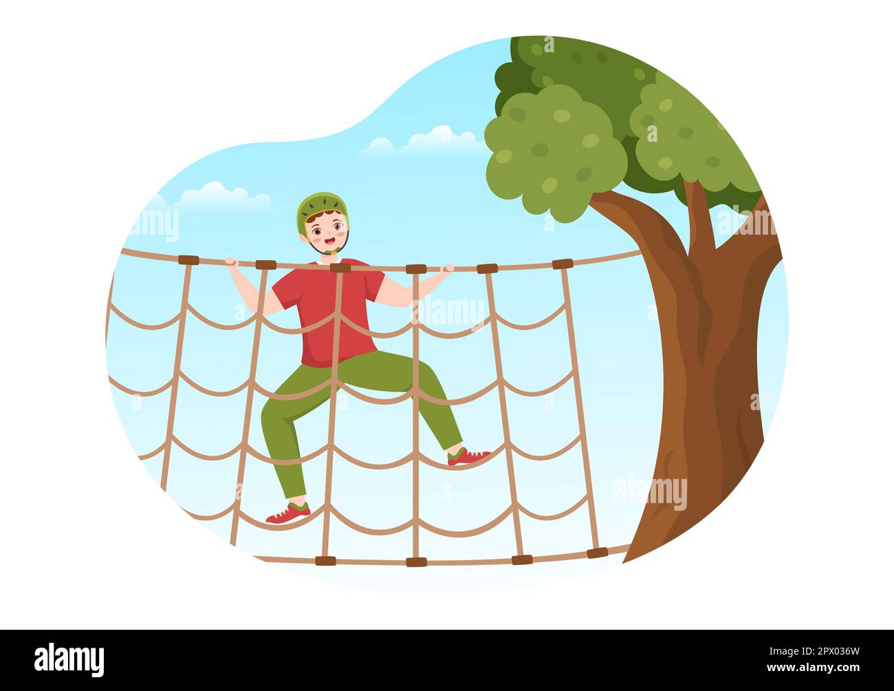 Zip Line Illustration with Visitors Walking on an Obstacle Course and ...