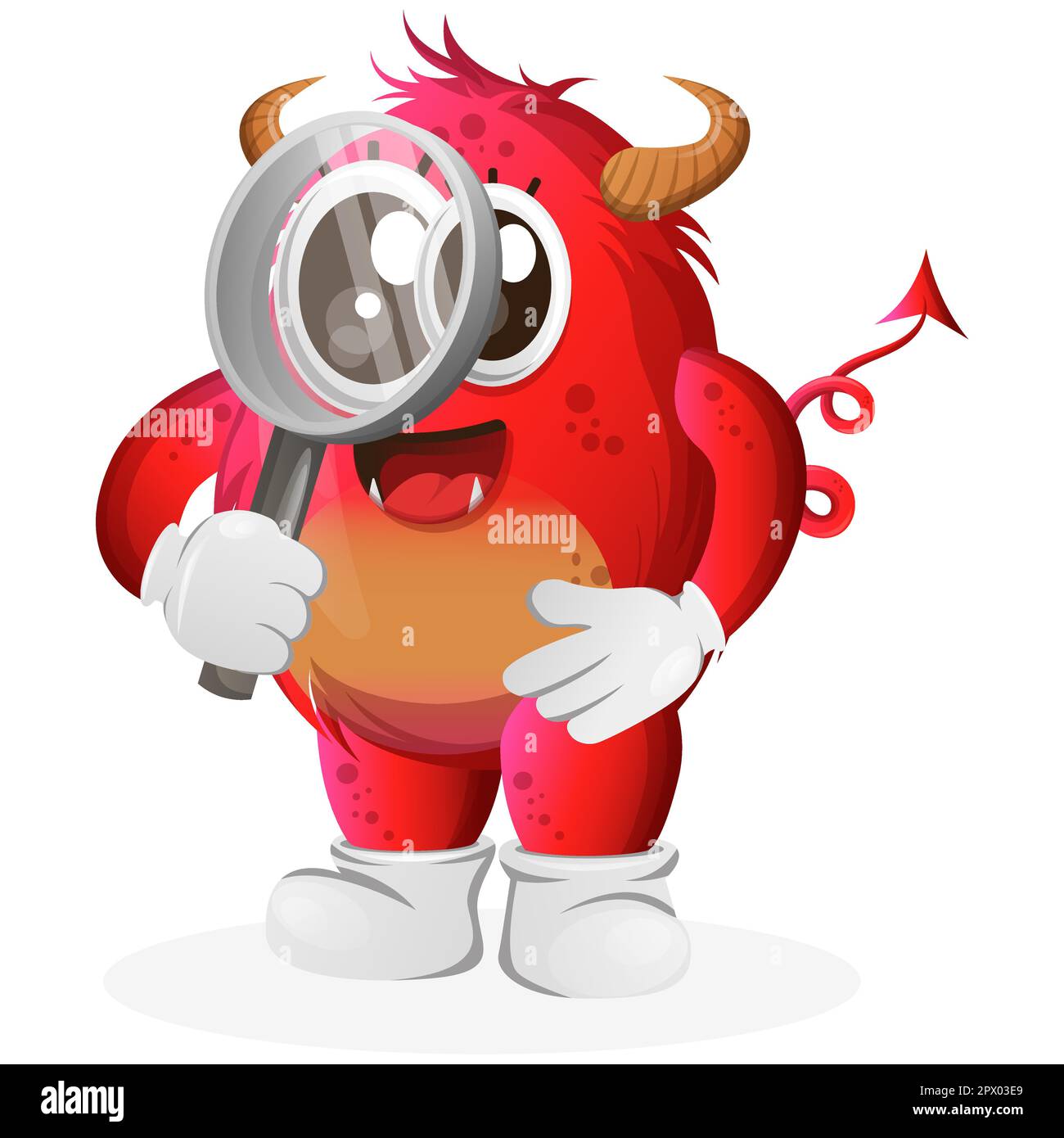 Cute red monster conducting research, holding a magnifying glass ...