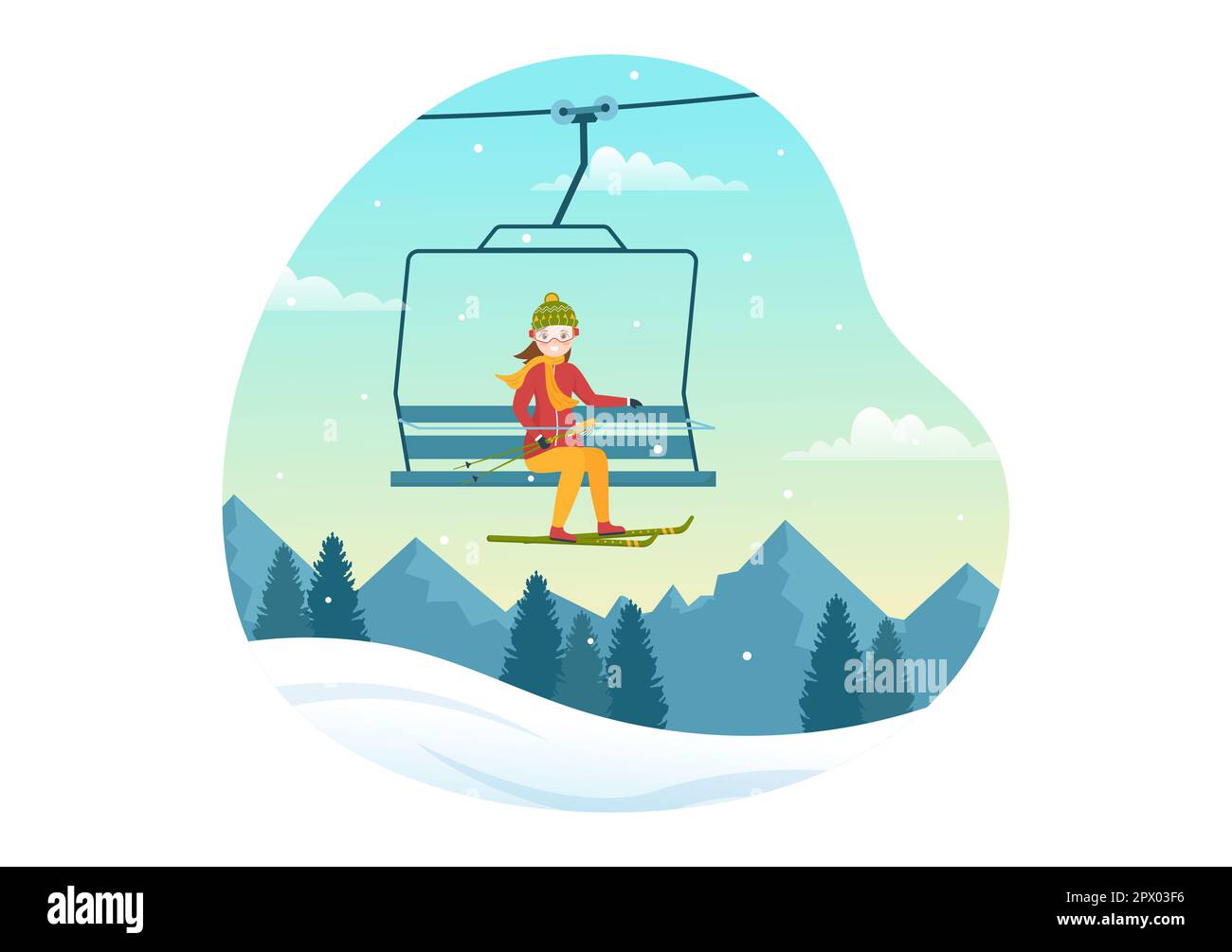 Ski Illustration with Skiers Sliding Near Mountain Going Downhill in ...