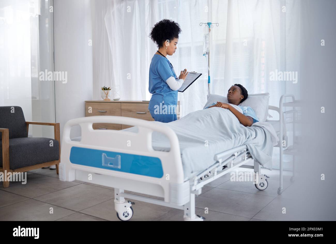 Nurse, sick patient and hospital consultation for healthcare and ...