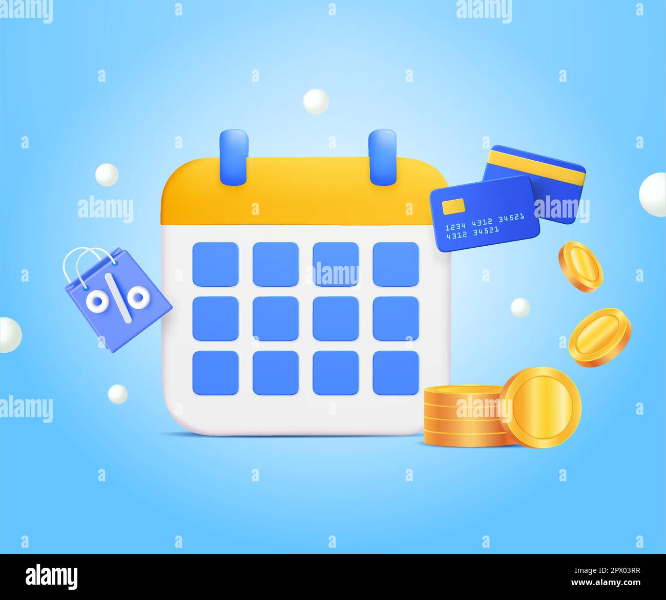 3d calender with credit, debit card, shopping cart, shopping bag and ...