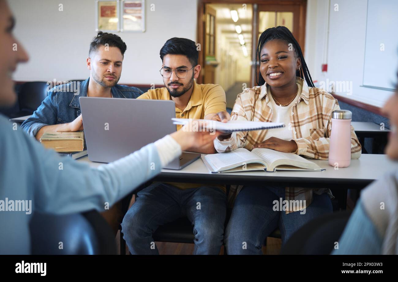 University, students and group project with teamwork sharing paper ...