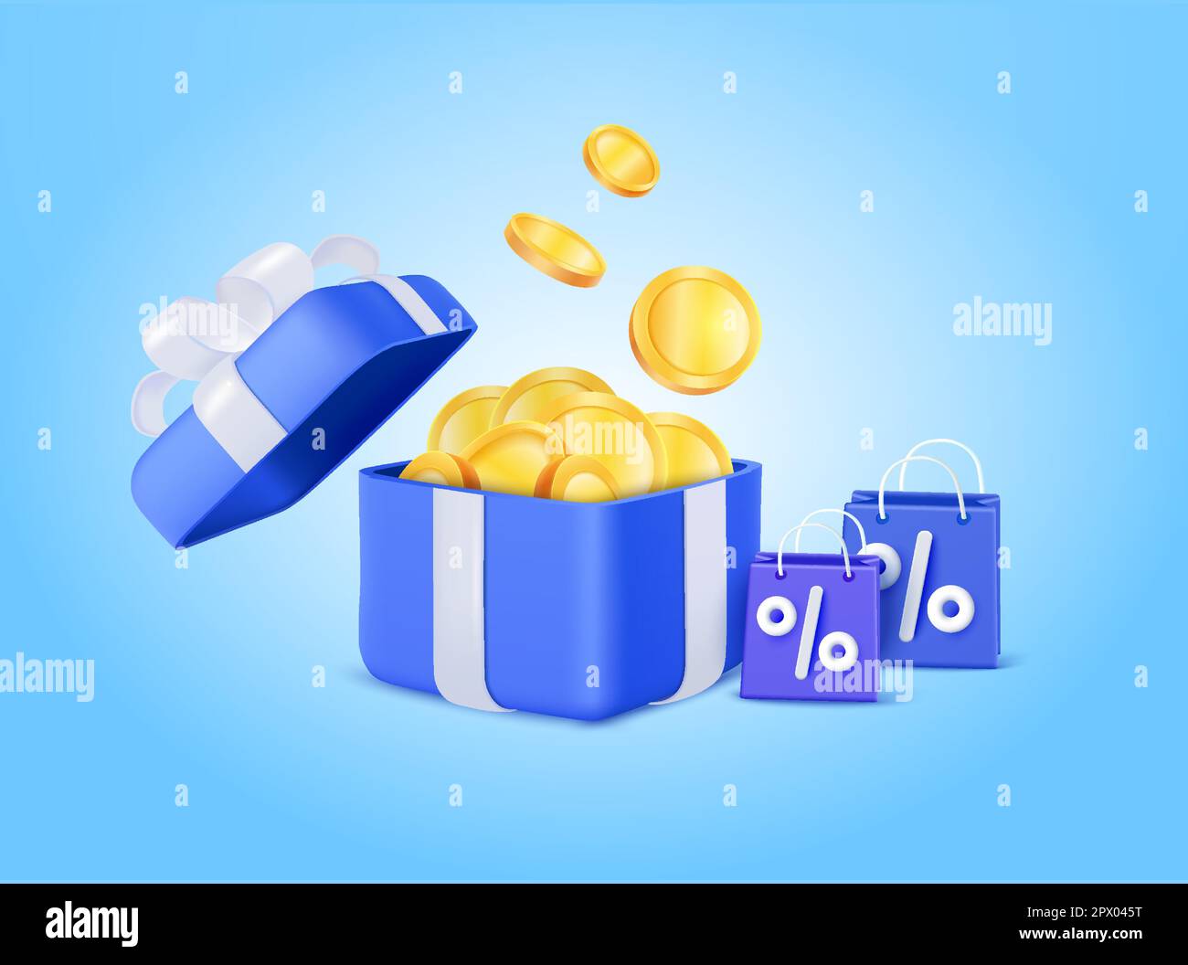 3d open gift box surprise with gold coins, flying coins, coins falling ...