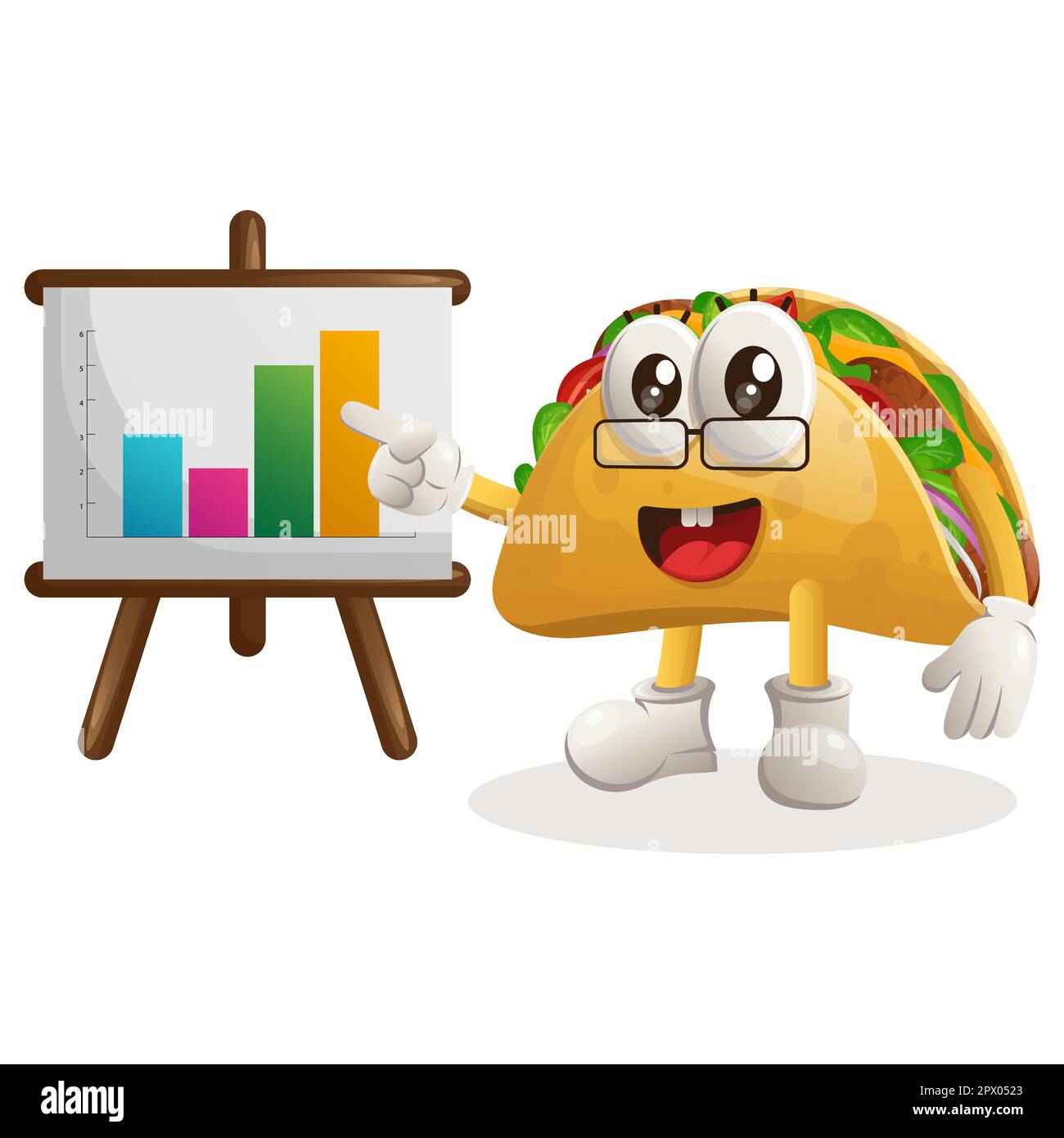 Cute taco mascot gives report presentation, shows column graphics ...