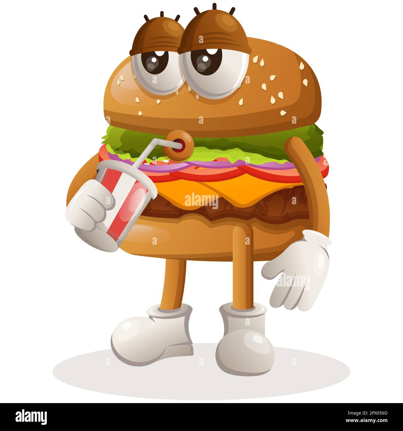 Cute burger mascot design drinking soda, cola. Burger cartoon mascot ...