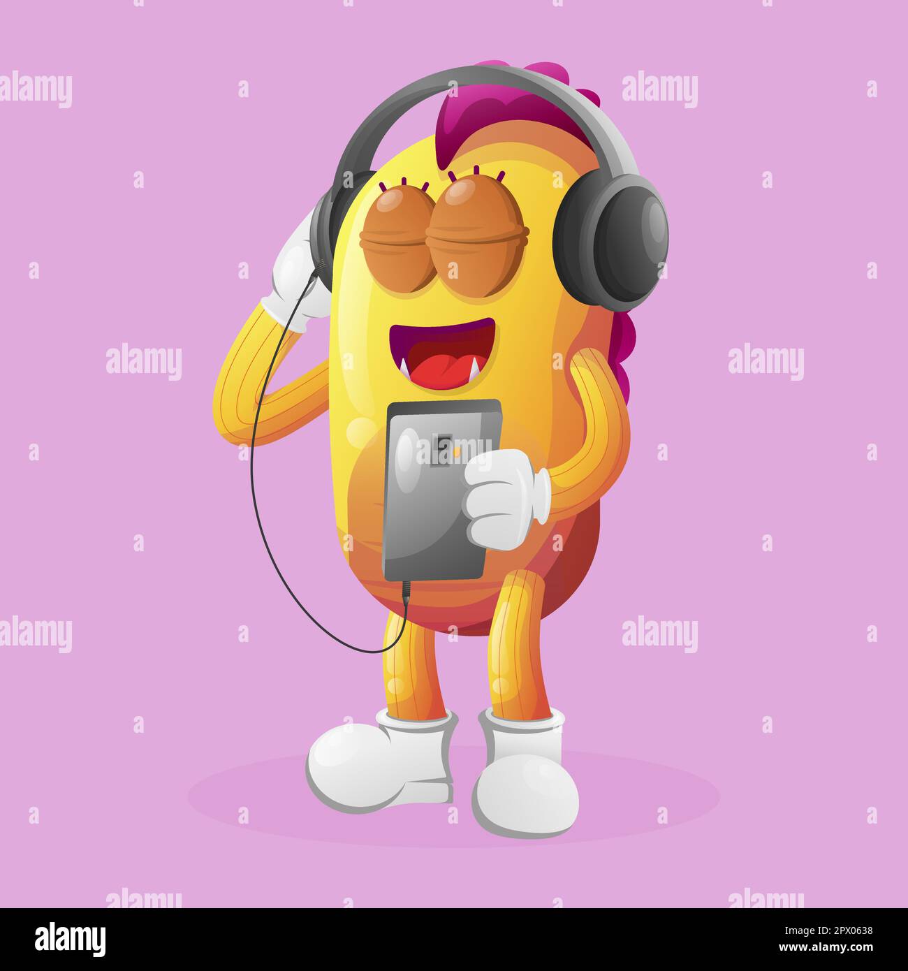 Cute yellow monster listening music on a smartphone using a headphone ...
