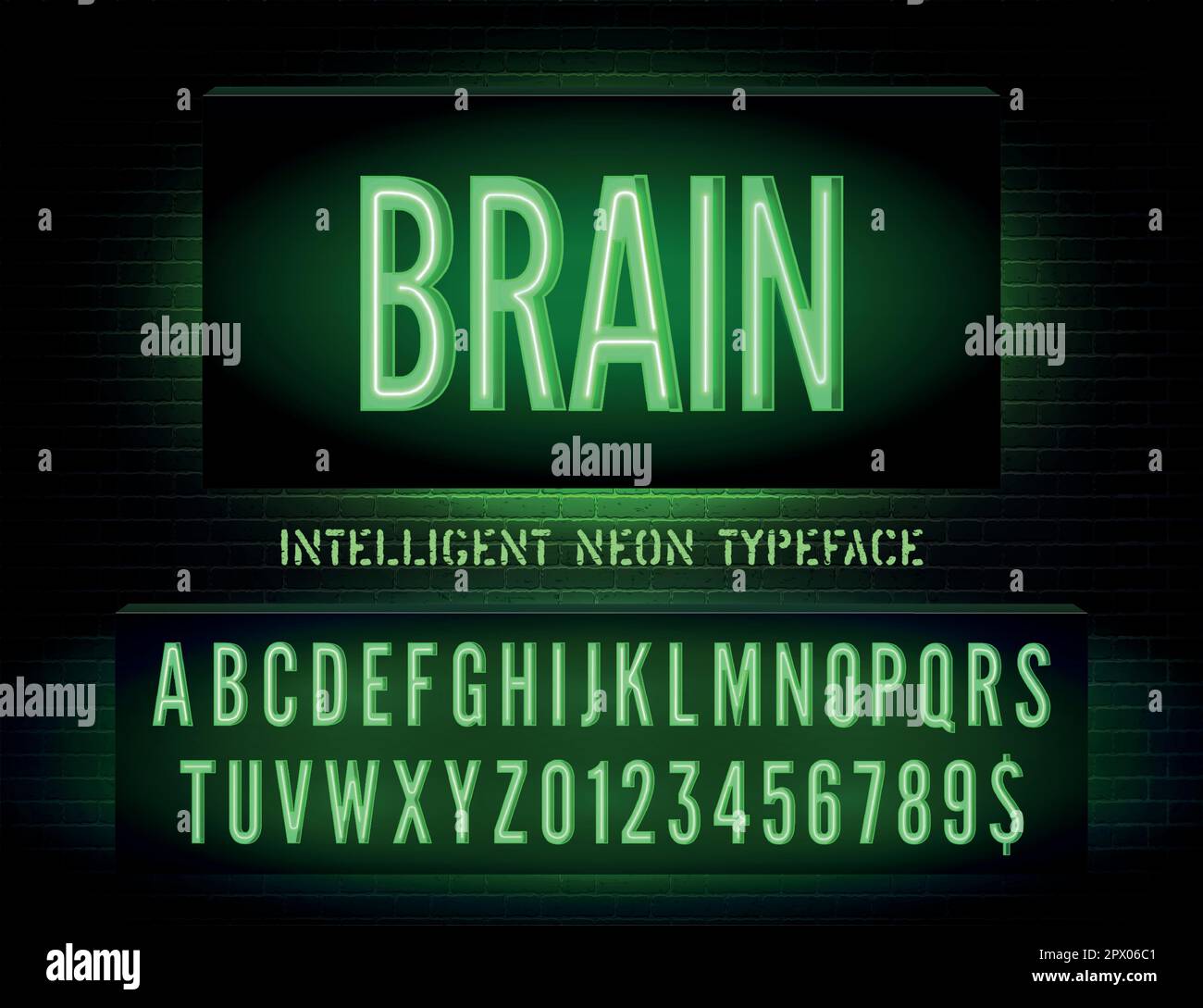 Night light glow font with numbers. Brain sign with green narrow neon ...